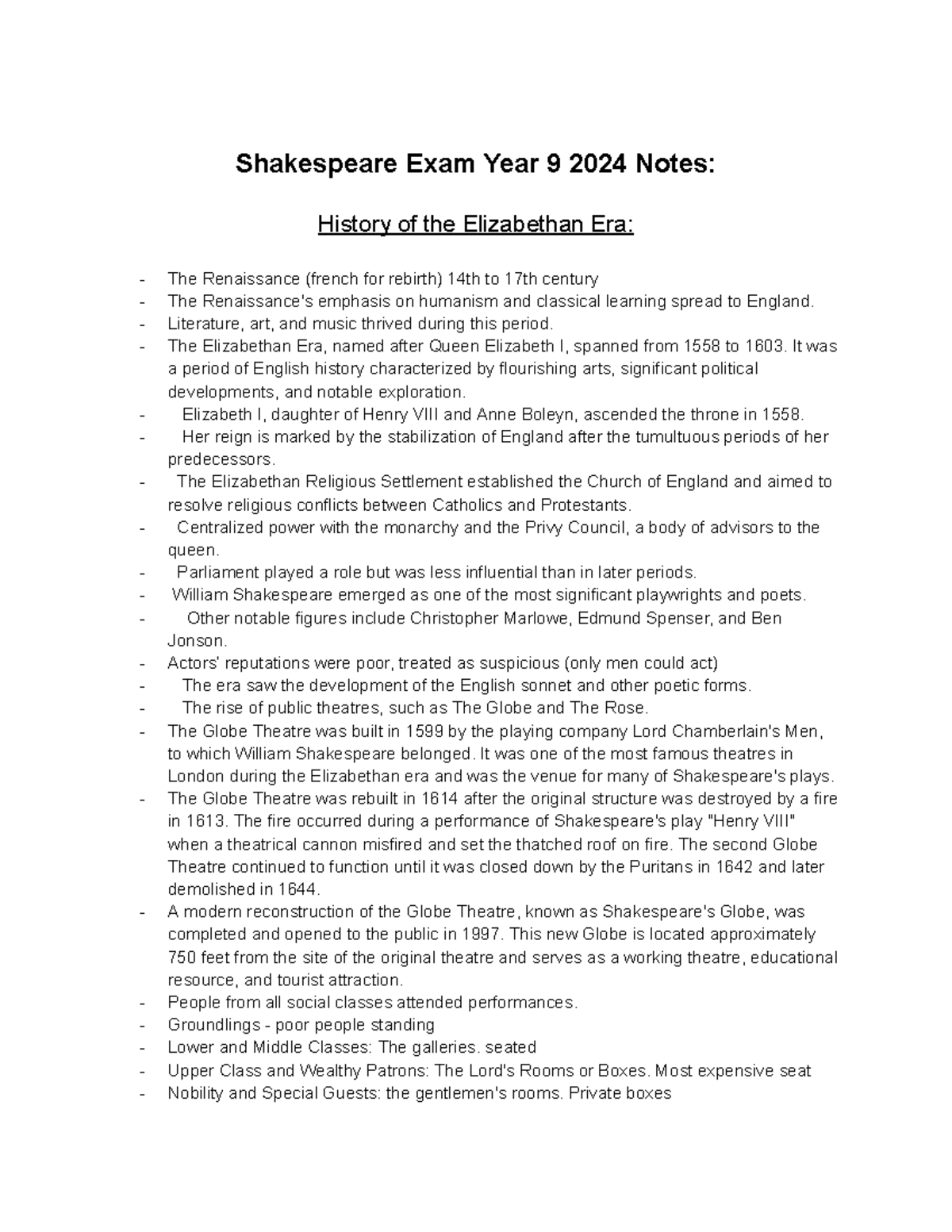 Year 9 Shakespeare Exam Notes: Elizabethan Era & Key Themes - Studocu