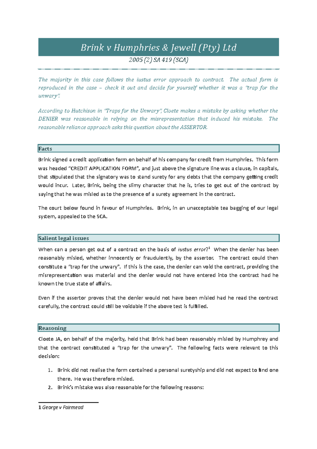 Brink v Humphries & Jewell (Pty) Ltd: Analysis of Iustus Error 2005 (2 ...