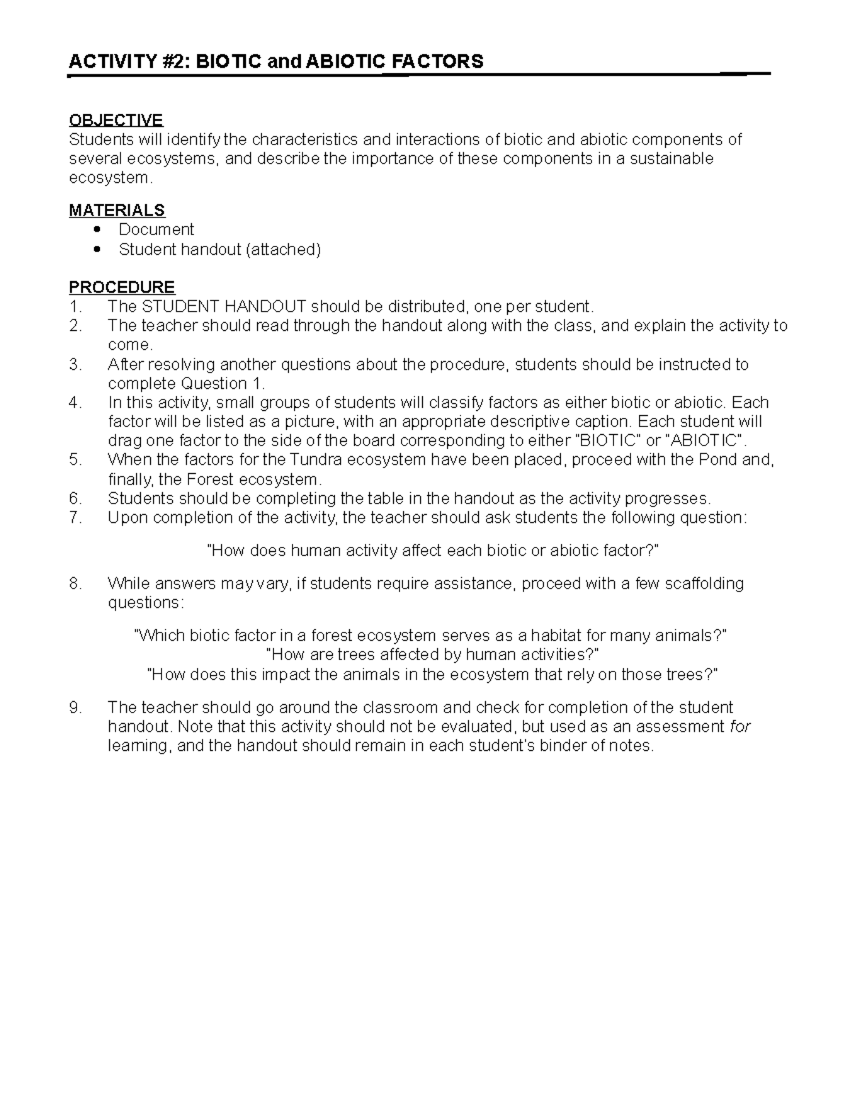 Biotic and Abiotic Factors Activity for 1.162003 Class - Studocu