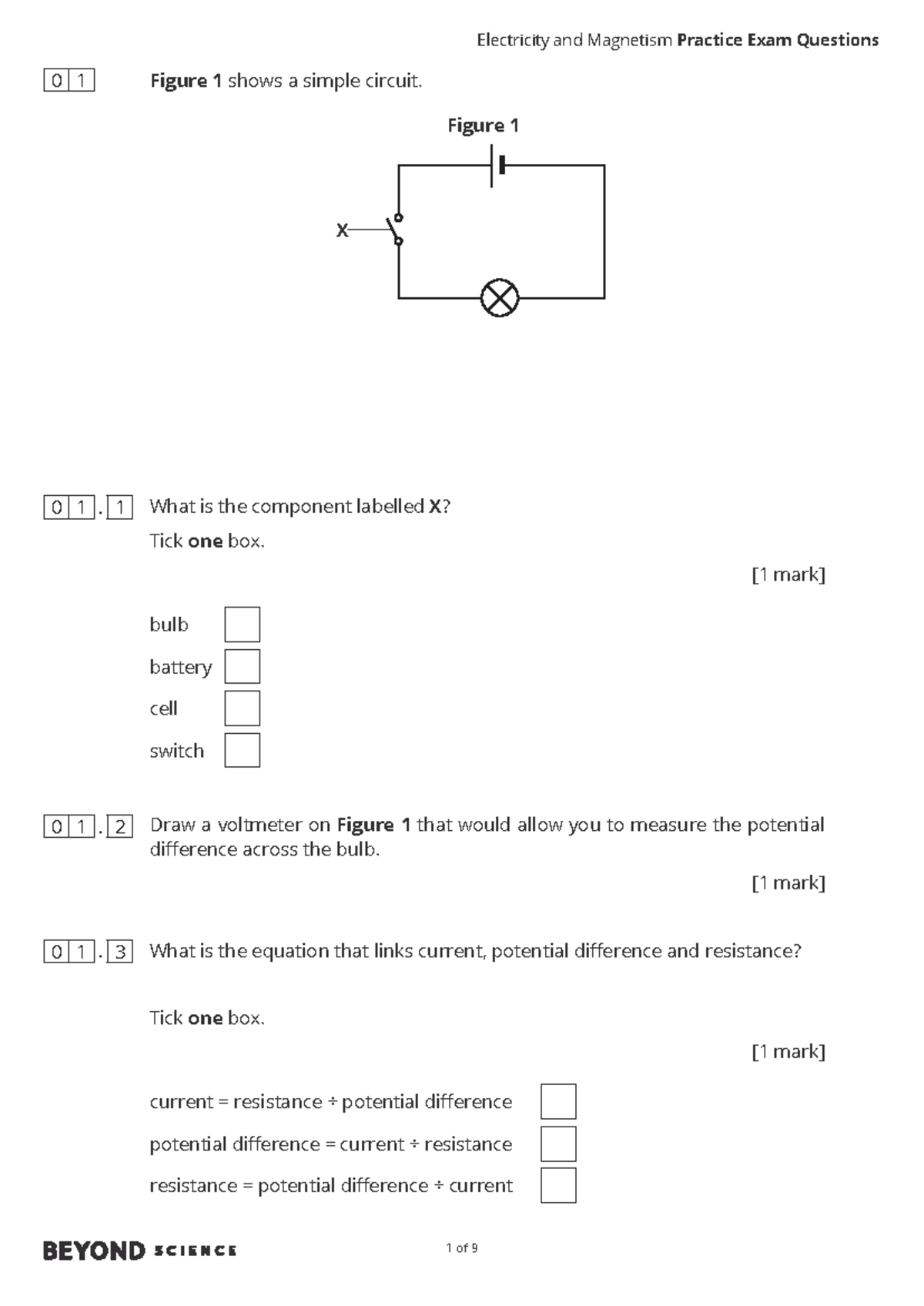 Electricity and Magnetism Practice Exam Questions - Foundation Level ...