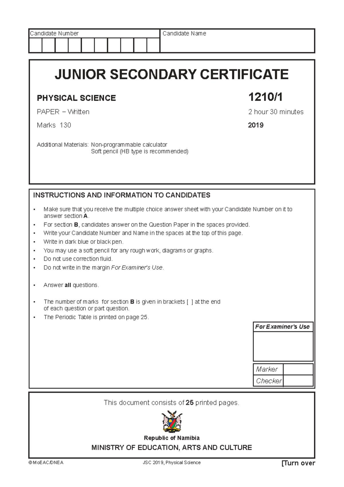 JSC 2019 Physical Science Paper 1 Exam Questions and Instructions - Studocu