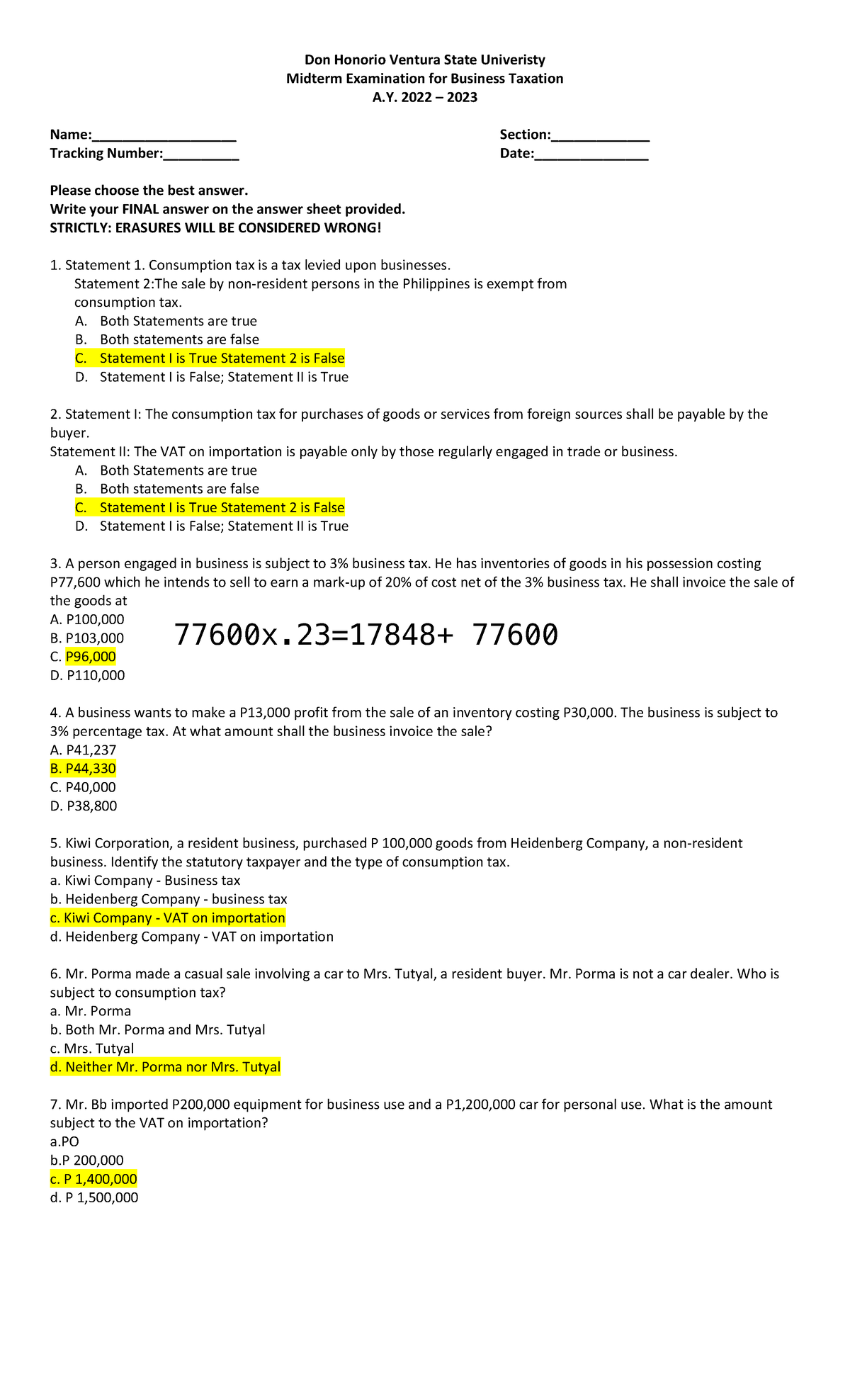 Midterm Exam for Business Taxation (Course Code: FY2022-2023) - Studocu