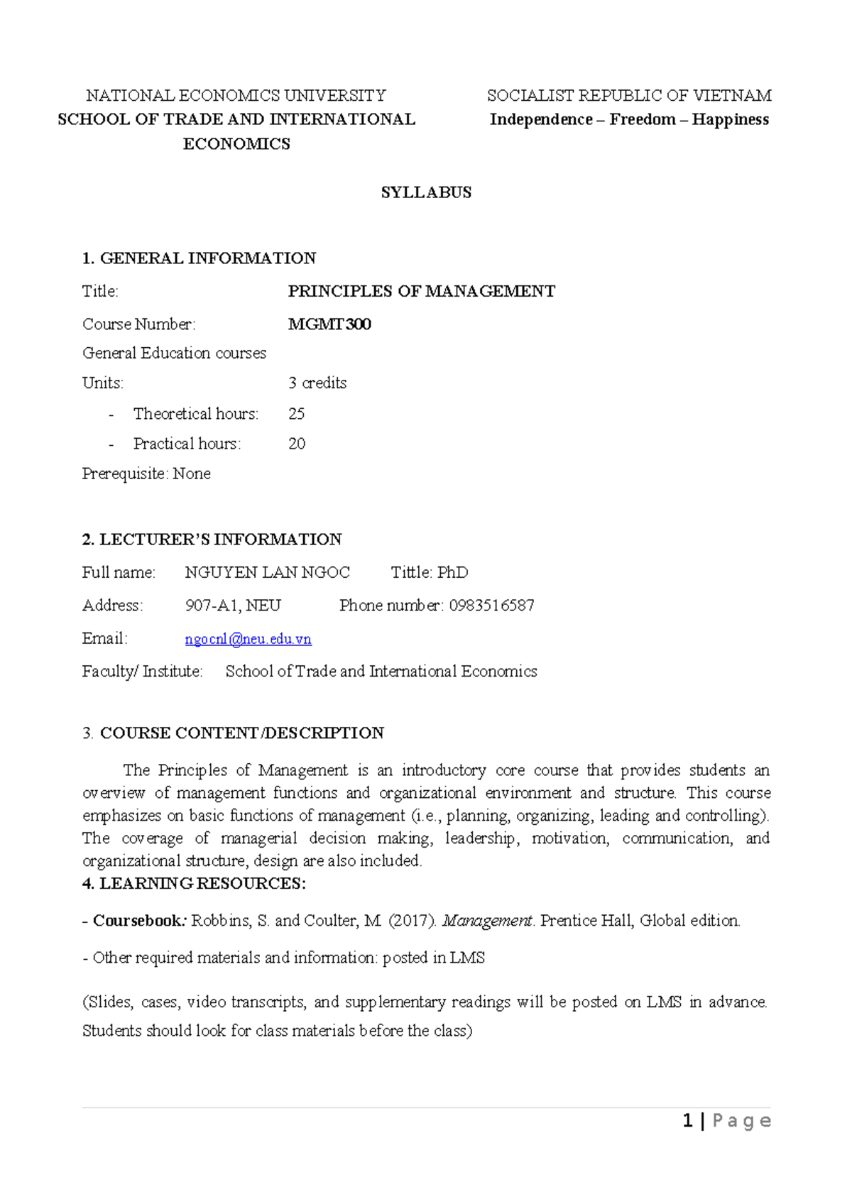 Syllabus for MGMT300: Principles of Management Course - Studocu