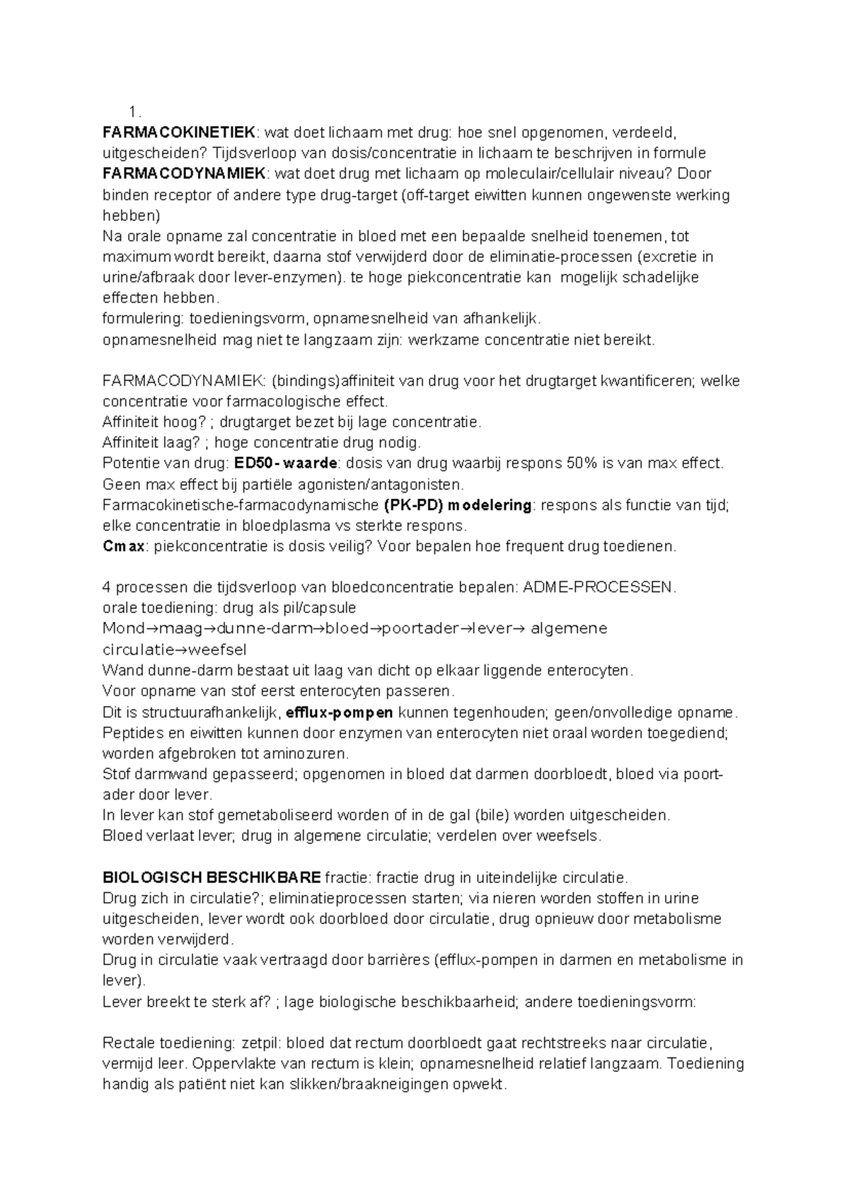 ADME- Samenvatting van Farmacokinetiek en Farmacodynamiek Processen ...