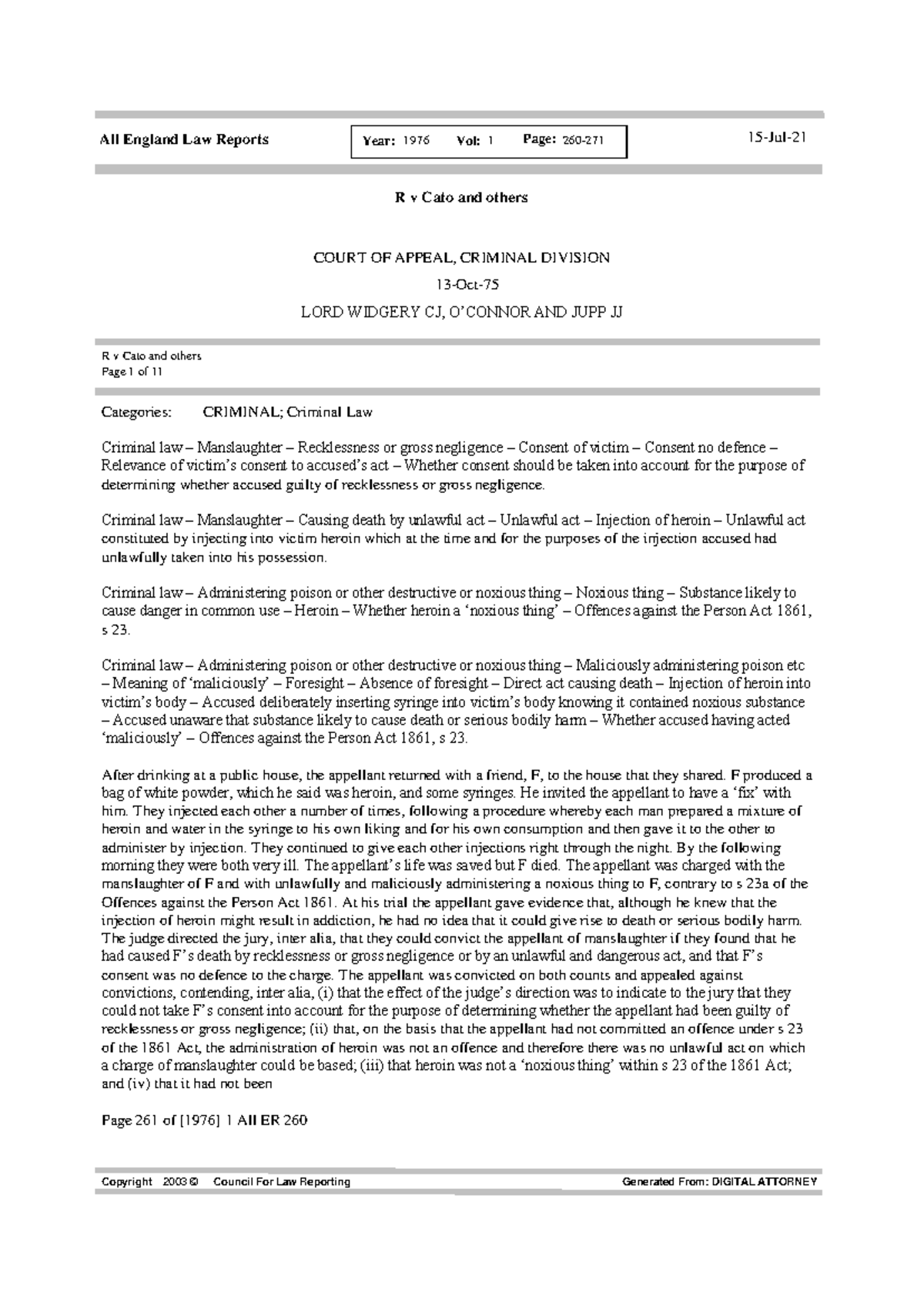 R v Cato [1976] - Manslaughter & Recklessness in Criminal Law Analysis ...