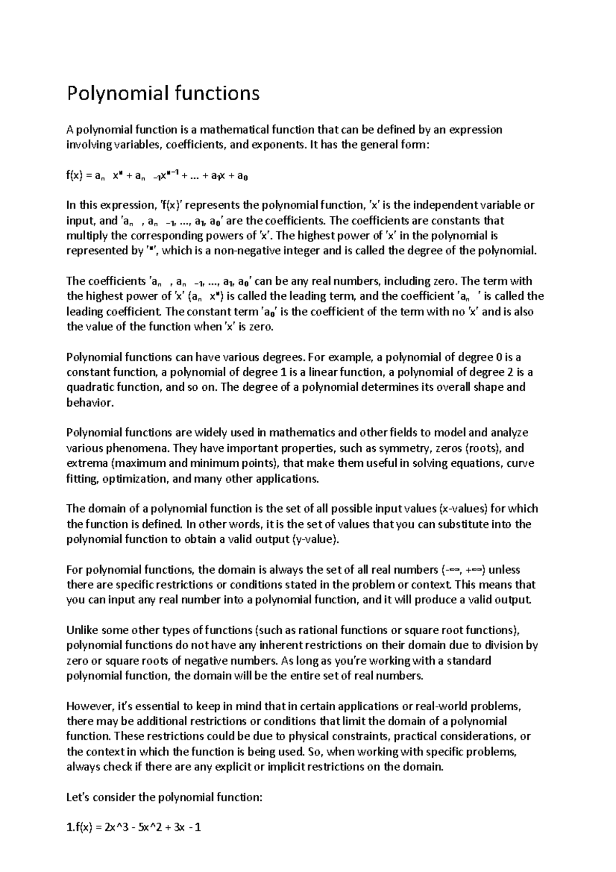 Chapter 2: Introduction to Polynomial Functions in Mathematics - Studocu