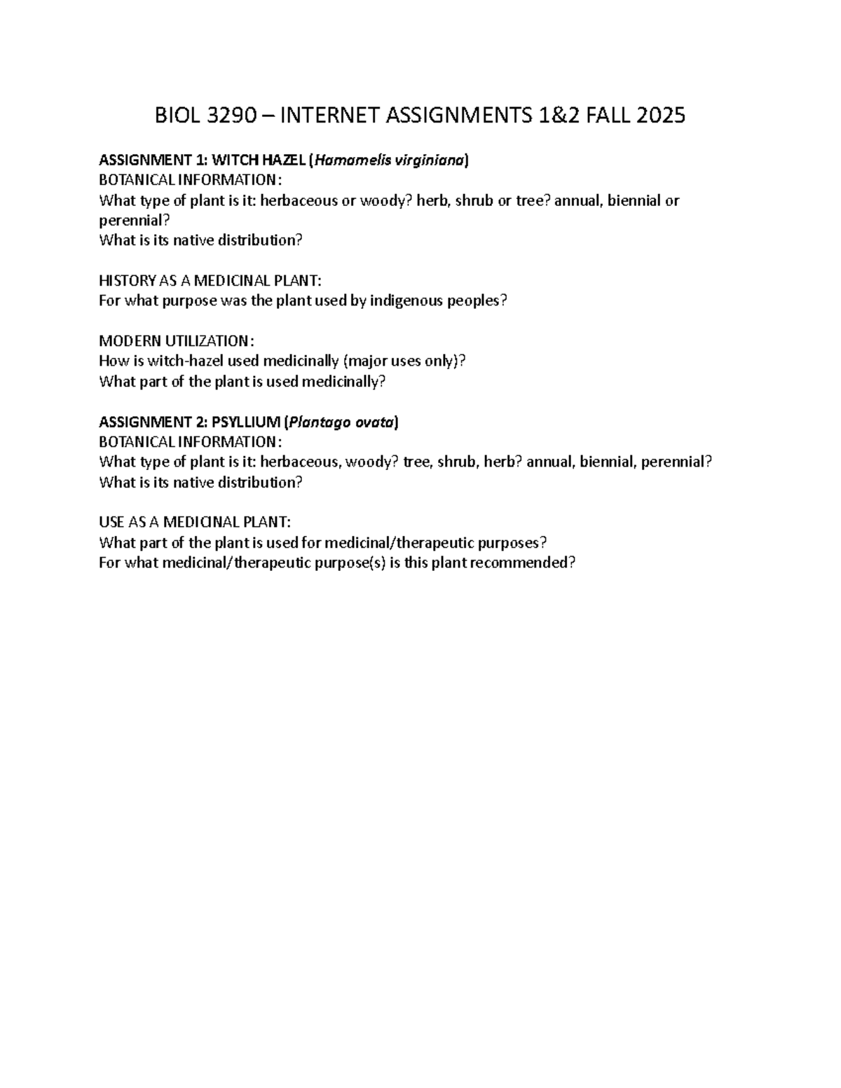 BIOL 3290 Internet Assignments 1 & 2: Medicinal Plants Analysis - Studocu