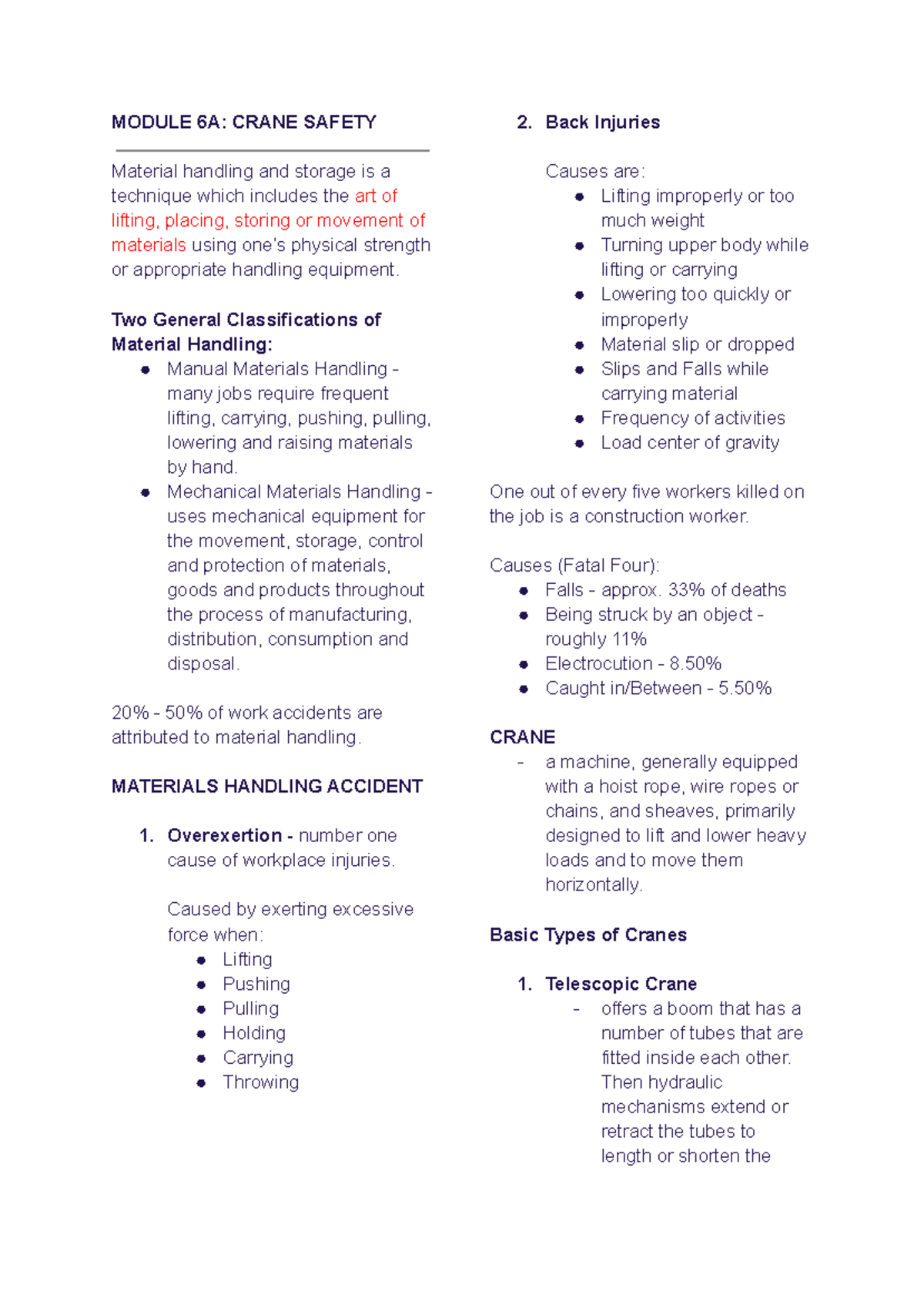 MODULE 6A: CRANE SAFETY & MATERIAL HANDLING GUIDELINES - Studocu