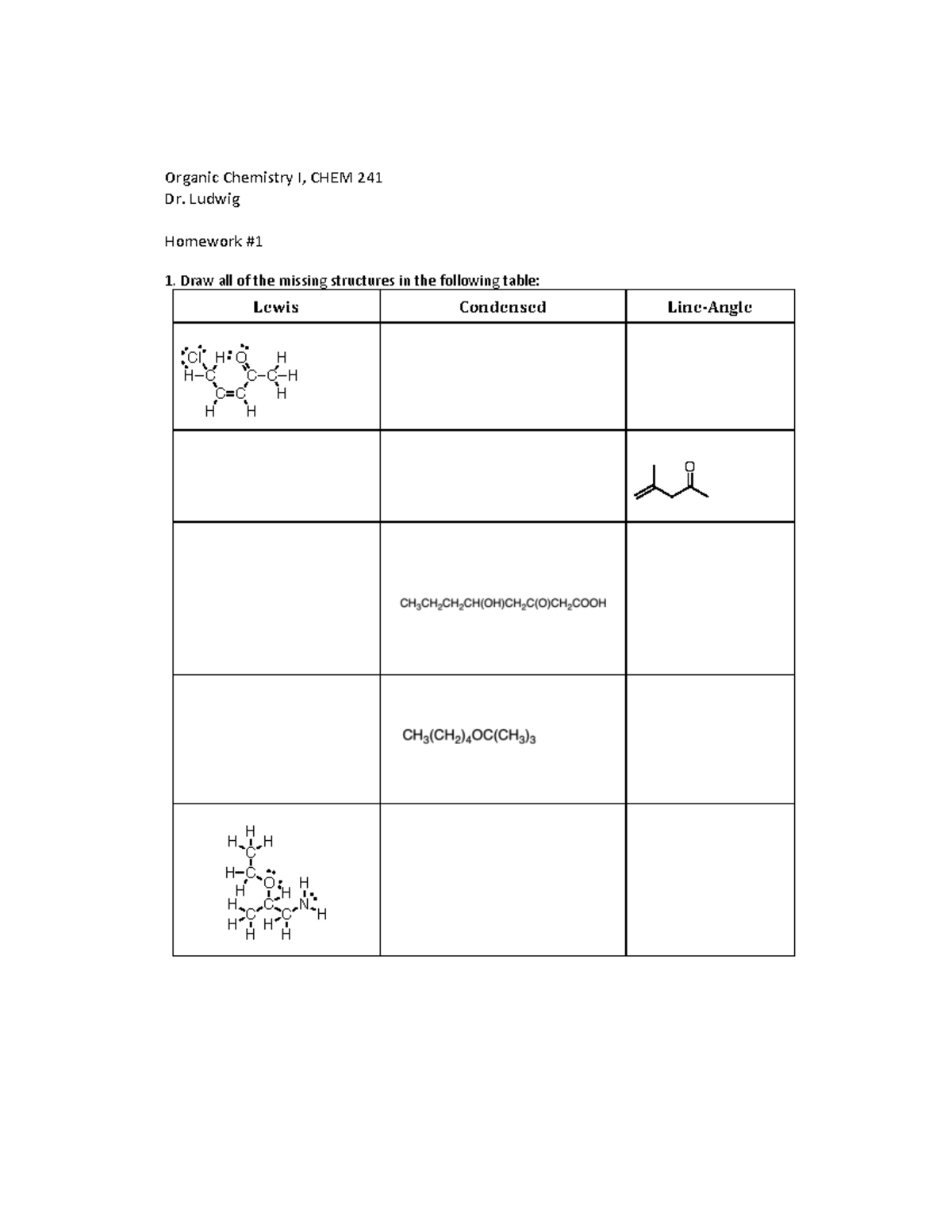 Chem 241 Homework #1: Organic Chemistry Structures and Functional ...