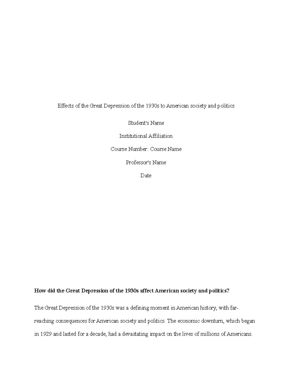 Effects of the Great Depression of the 1930s to American society and ...