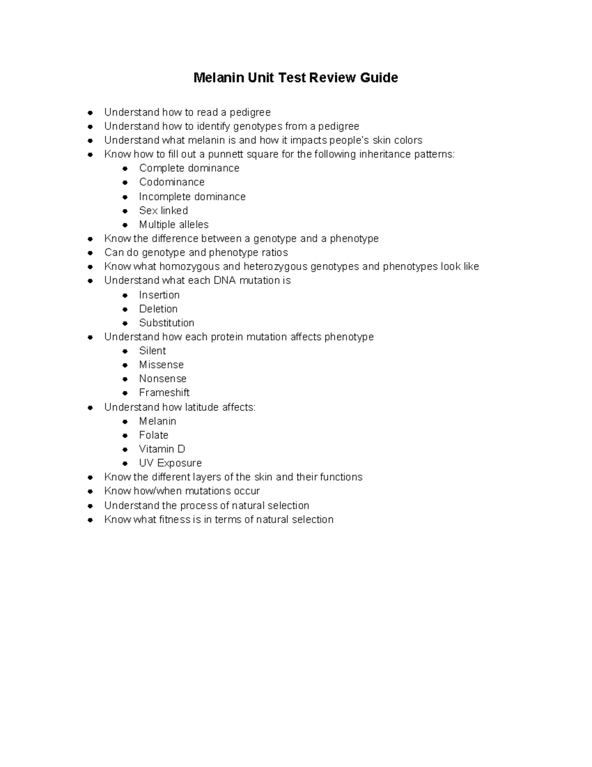 Melanin Unit Test Review Guide: Genetics and Natural Selection Concepts ...