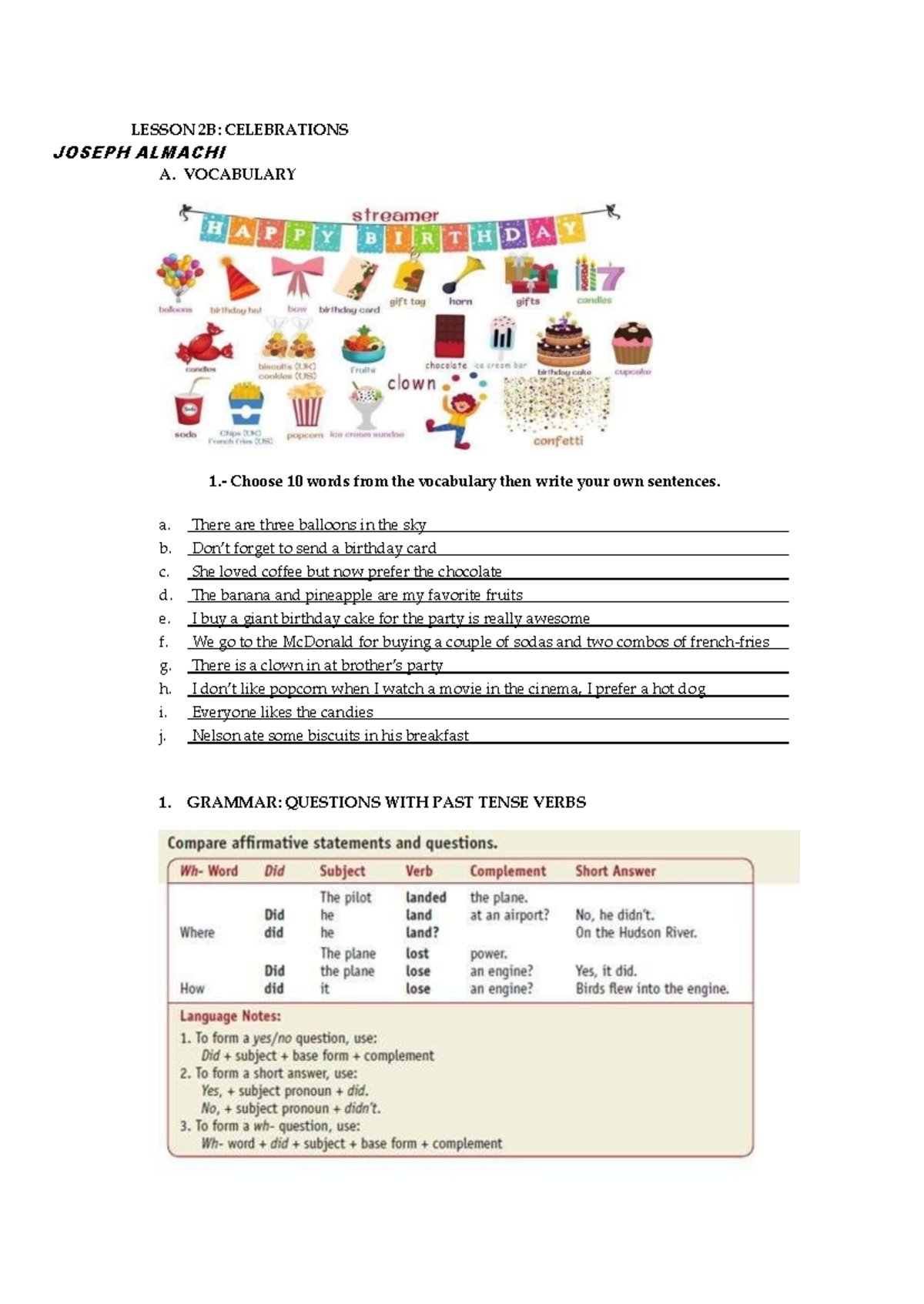 Lesson 2B: Vocabulary & Grammar Practice for Celebrations - Studocu
