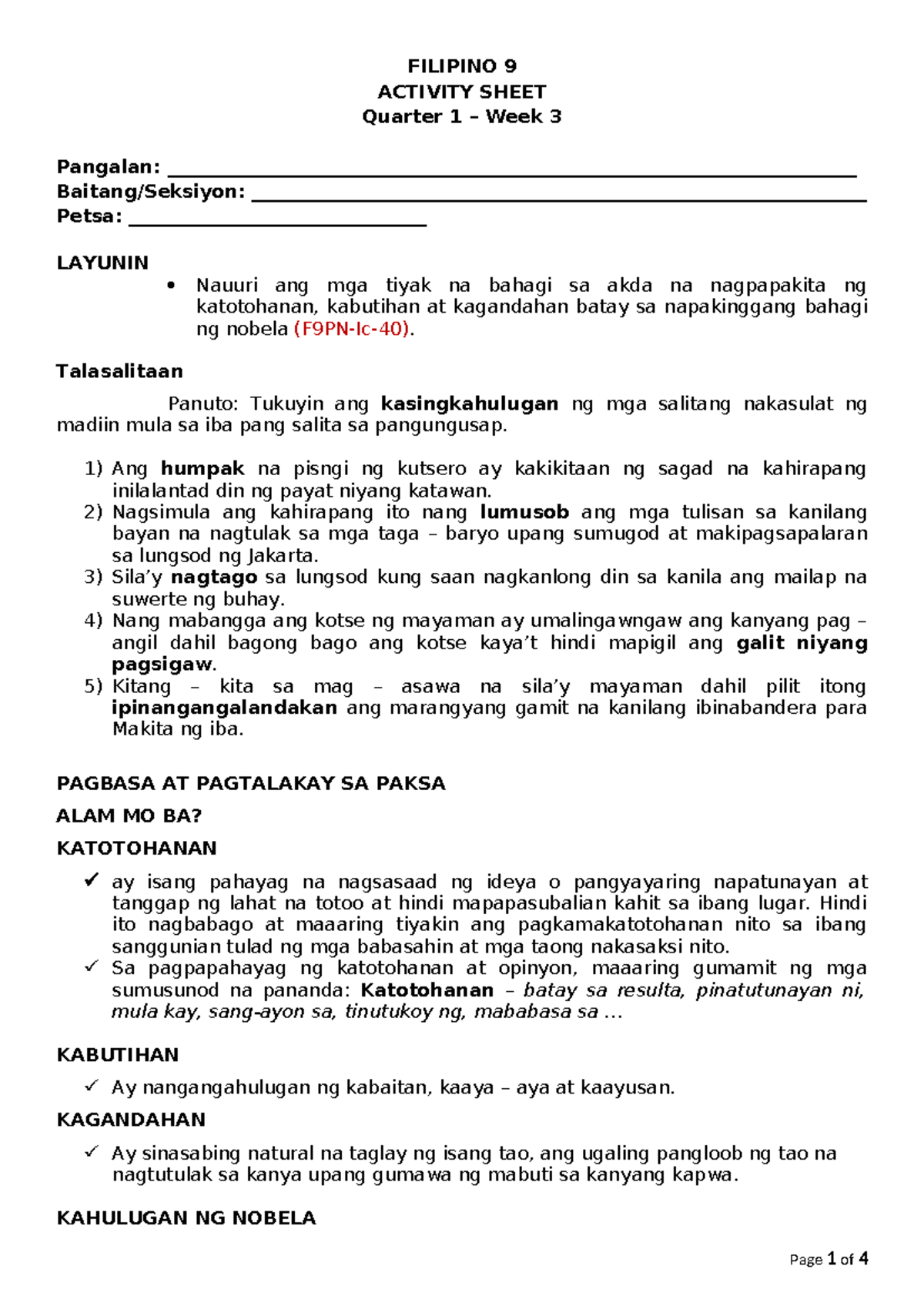FILIPINO 9 ACTIVITY SHEET Quarter 1 Week 3: Katotohanan, Kabutihan, at ...