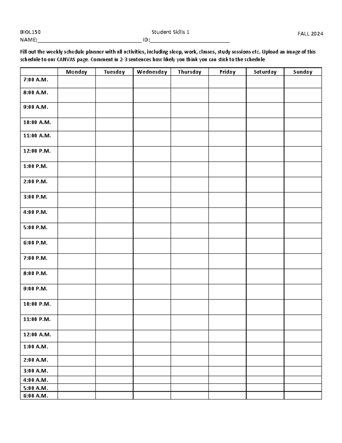 BIOL150 Skills 1: Weekly Schedule Planner & Time Management Handout ...
