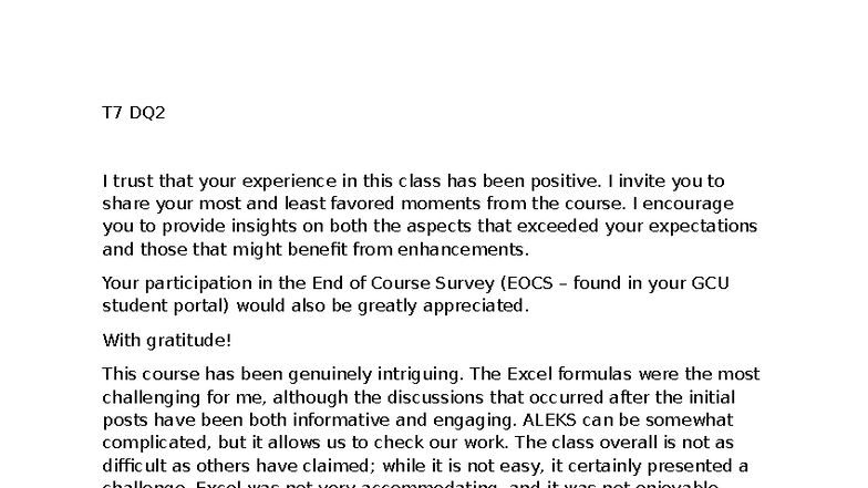 T7 DQ2 - Reflections on Math Class Experience and Challenges - Studocu