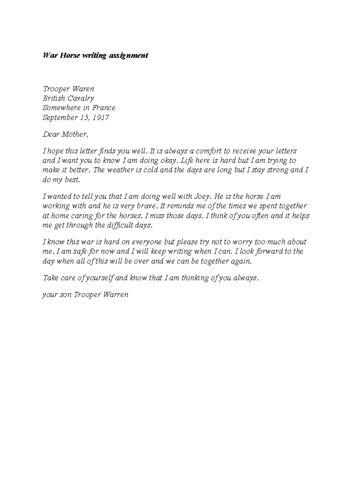 War Horse Writing Assignment: Letter from Trooper Warren, 1917 ...