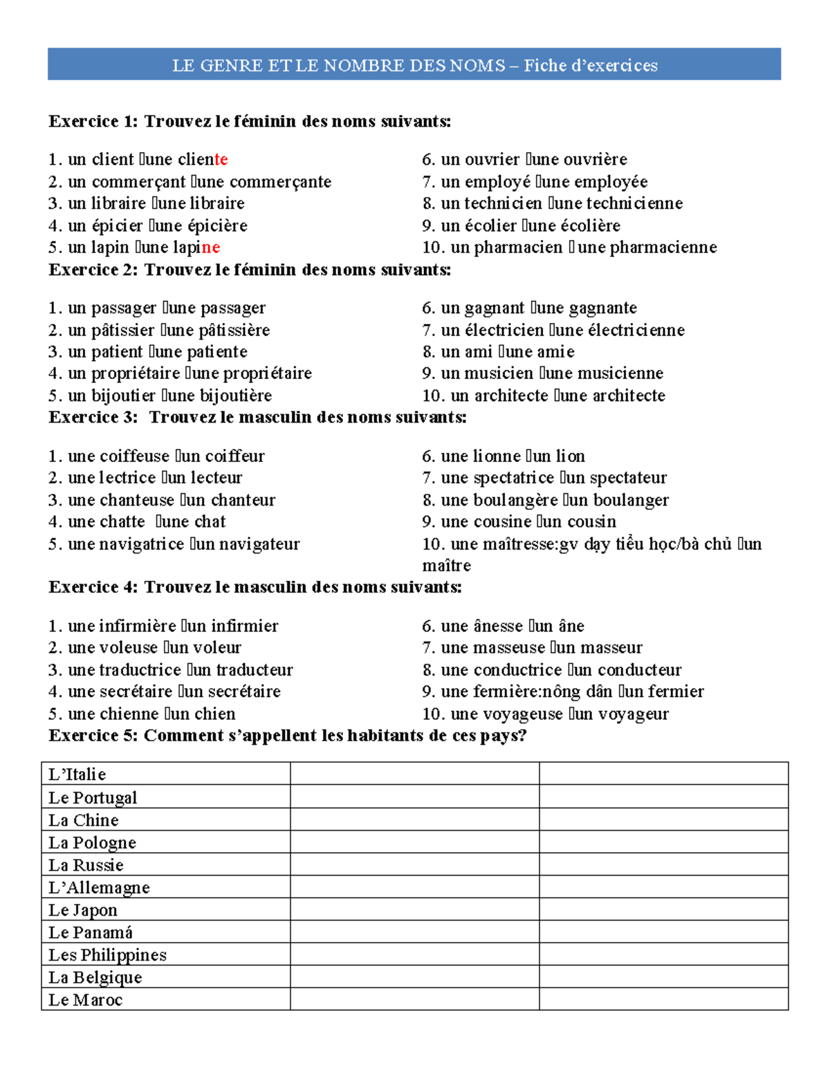 20.21 Grammaire: Le Genre et le Nombre des Noms - Exercices - Studocu