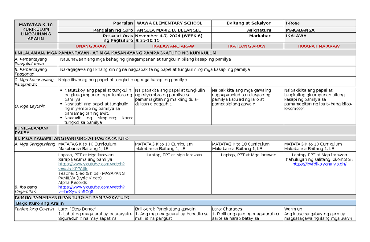 Makabansa Week 6 Lesson Plan Q2 - Family Roles & Responsibilities - Studocu