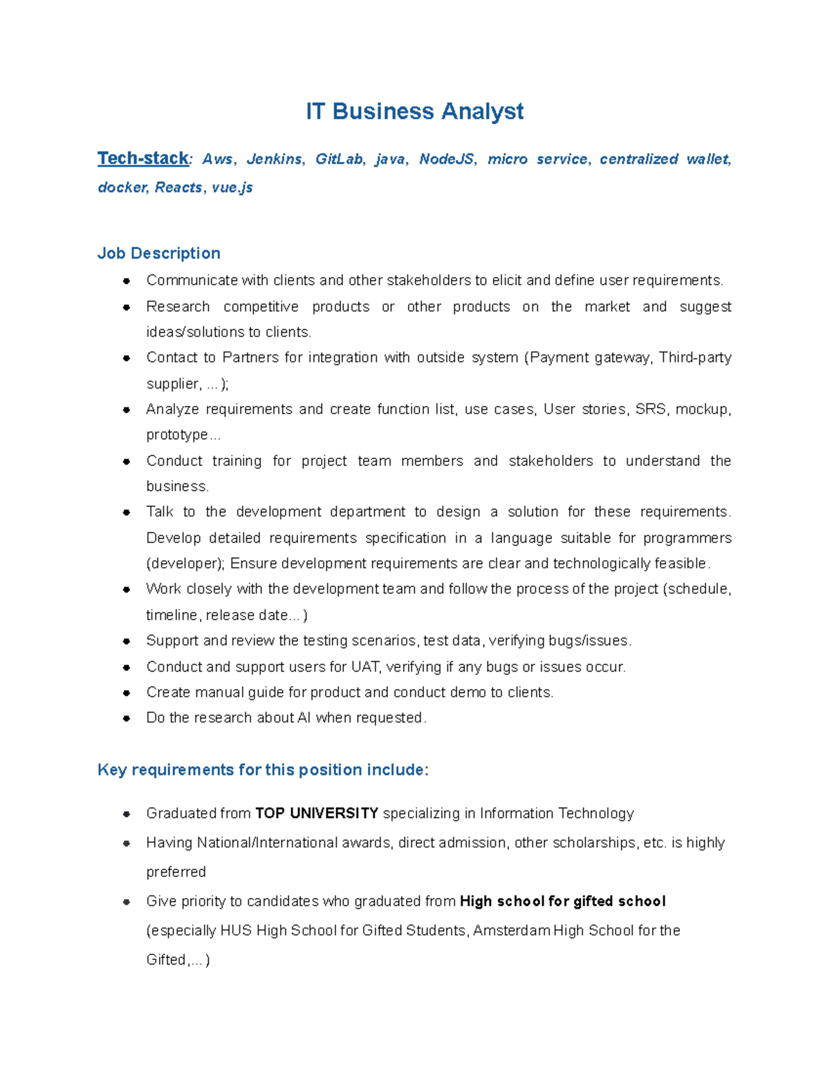 IT Business Analyst Job Description: Skills & Requirements - Studocu