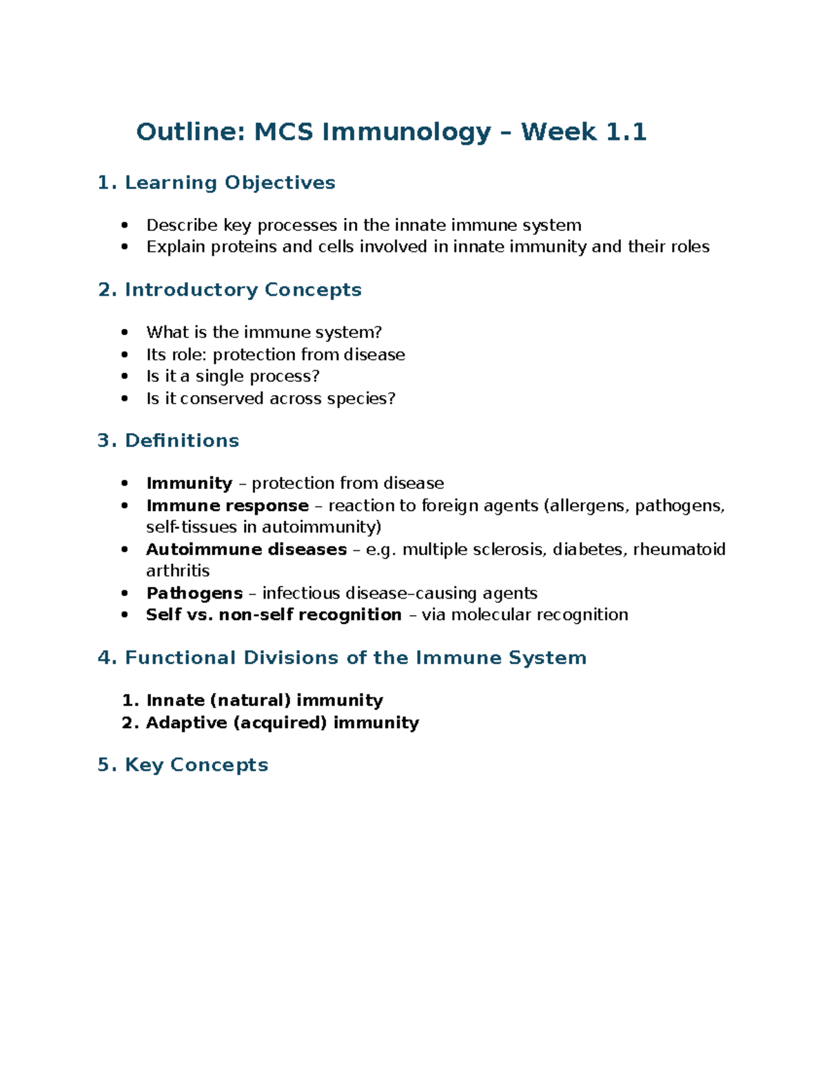 Outline: MCS Immunology - Week 1.1 & 1.2 Key Concepts and MCQs - Studocu
