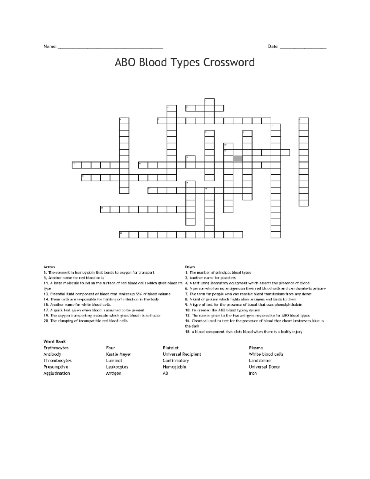 CH 29-30 Hematology Crossword - Name: Date: ABO Blood Types Crossword 1 ...