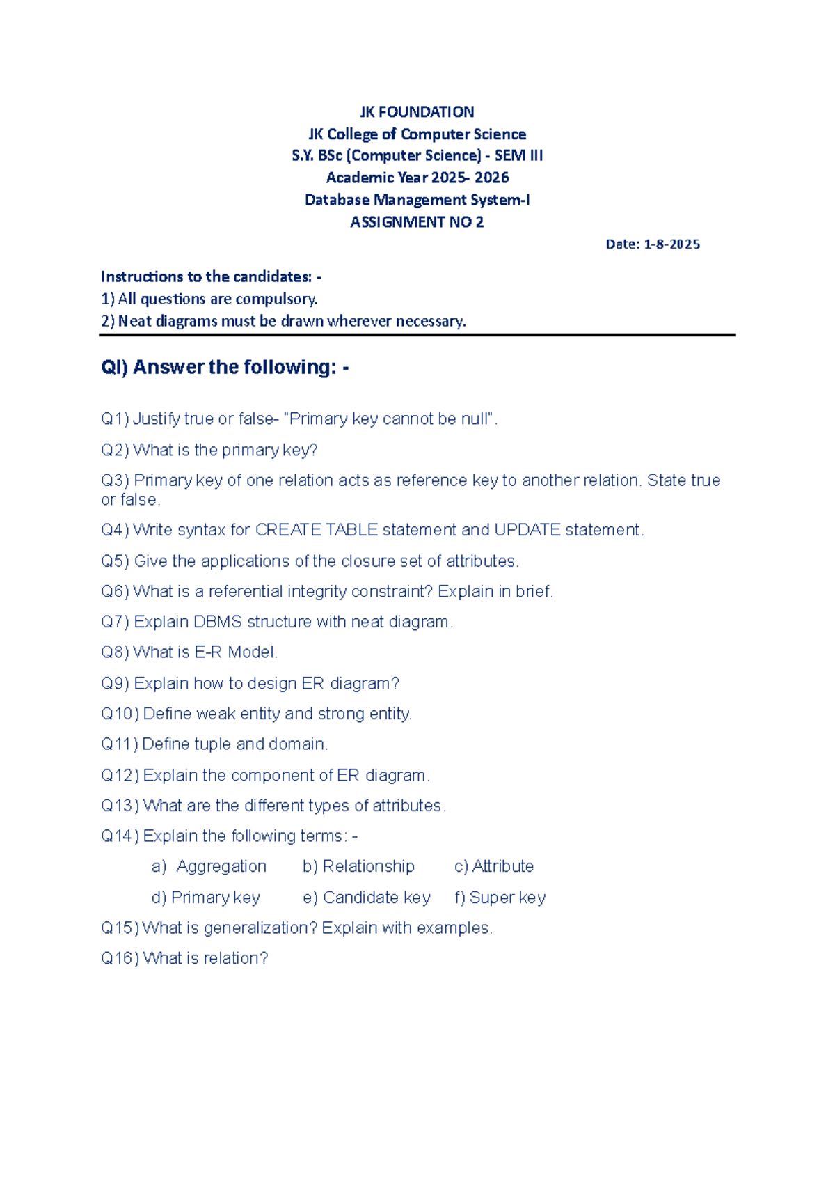 S.Y. BSc (CS) SEM 2026 DBMS Assignment No. 2 - Key Concepts & Diagrams - Studocu