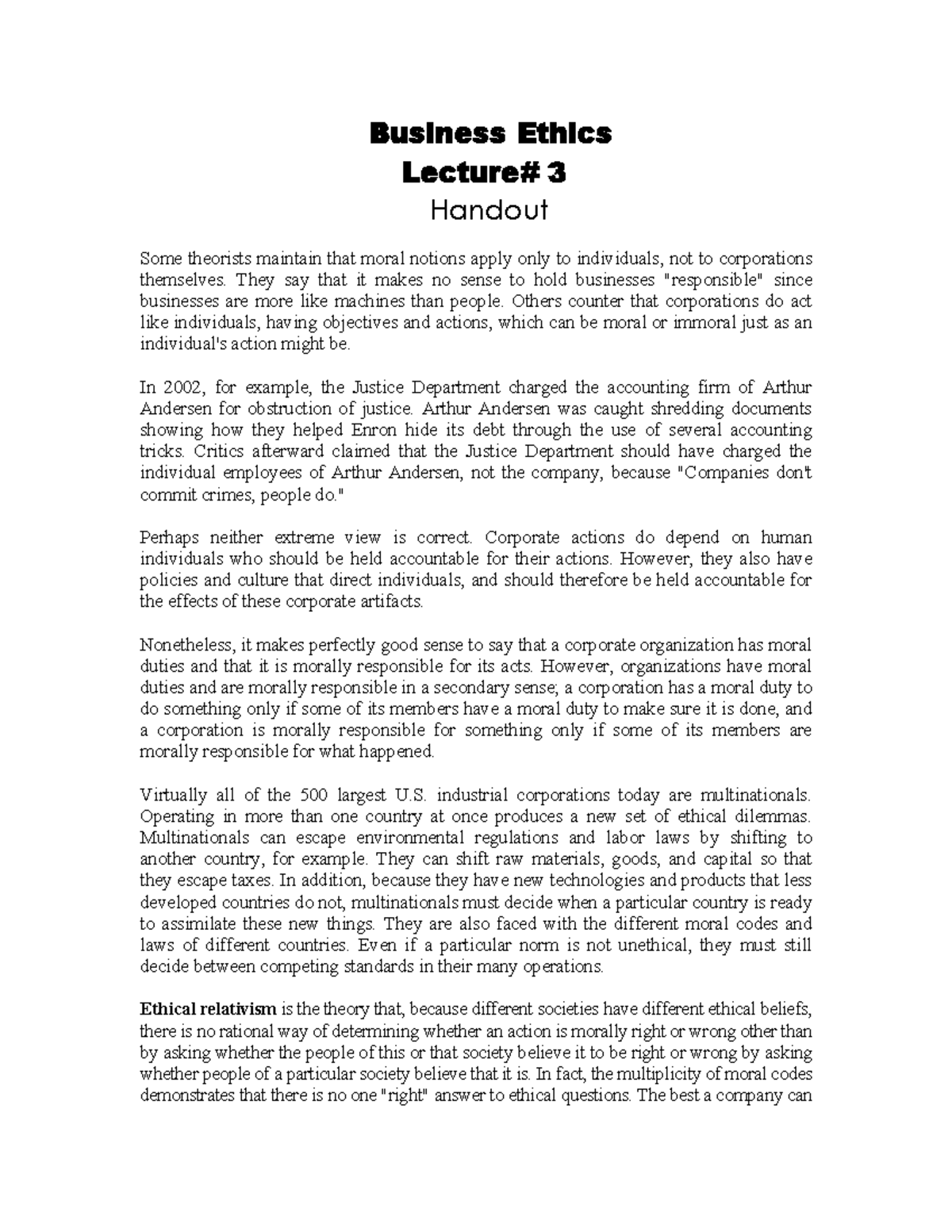 Lecture 03 MGT610 - Business Ethics Lecture# 3 Handout Some theorists ...