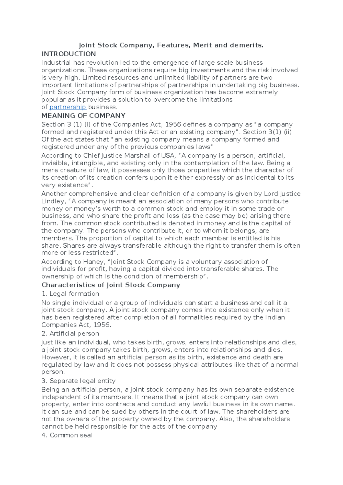 Joint Stock Company: Features, Merits & Demerits - Notes - Studocu