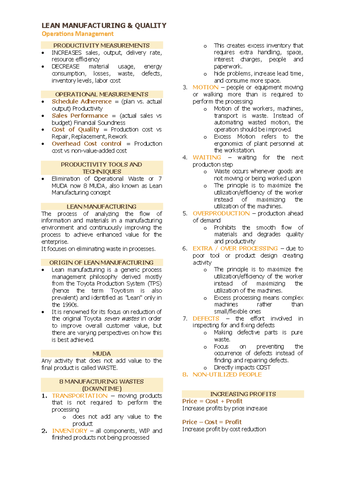 LEAN MANUFACTURING QUALITY: Operations Management & Productivity ...