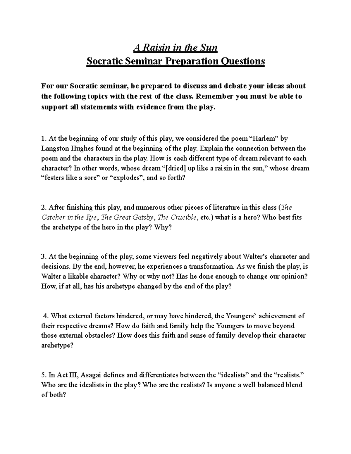 A Raisin in the Sun: Socratic seminar prep questions for discussion ...