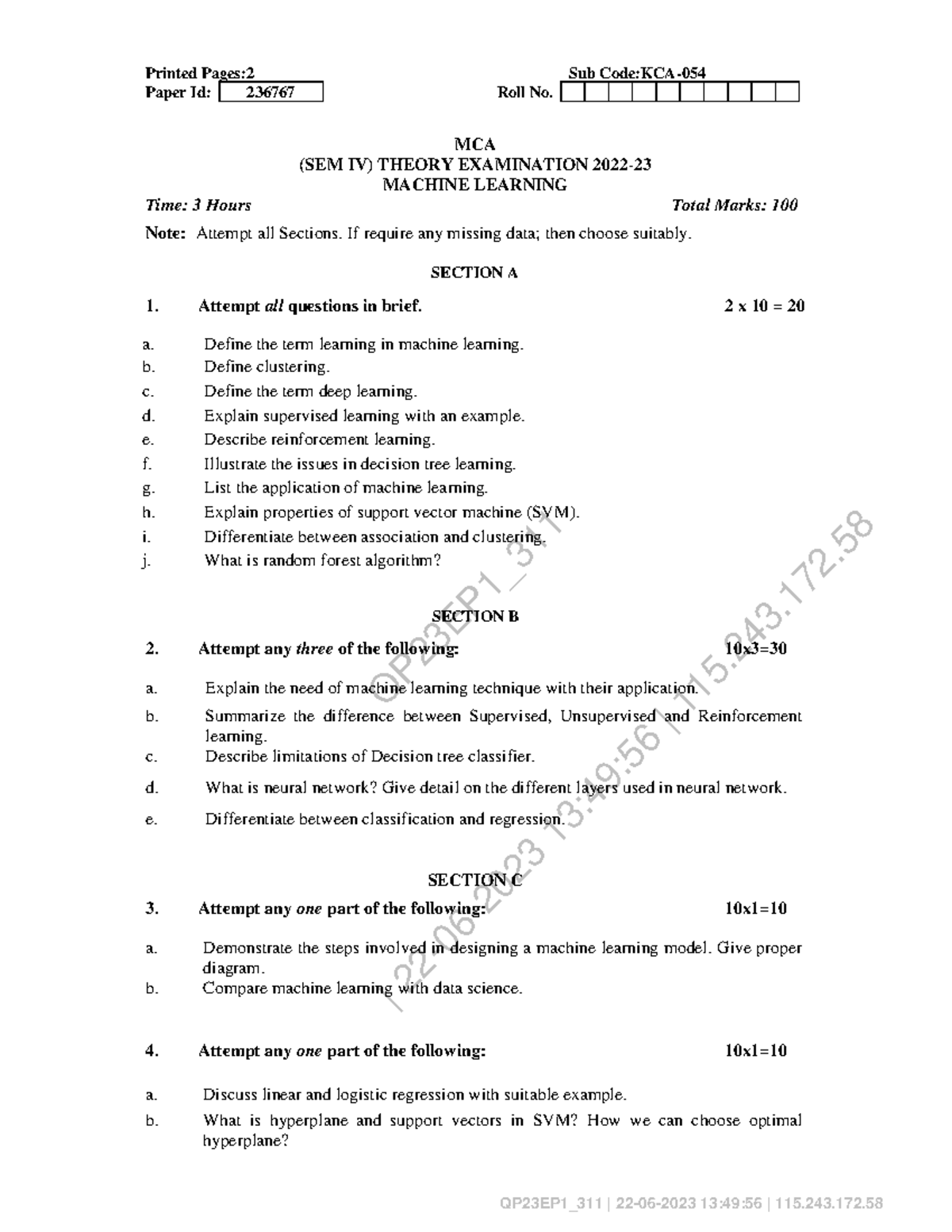 KCA054 Machine Learning Final Exam Question Paper 2023 - Studocu