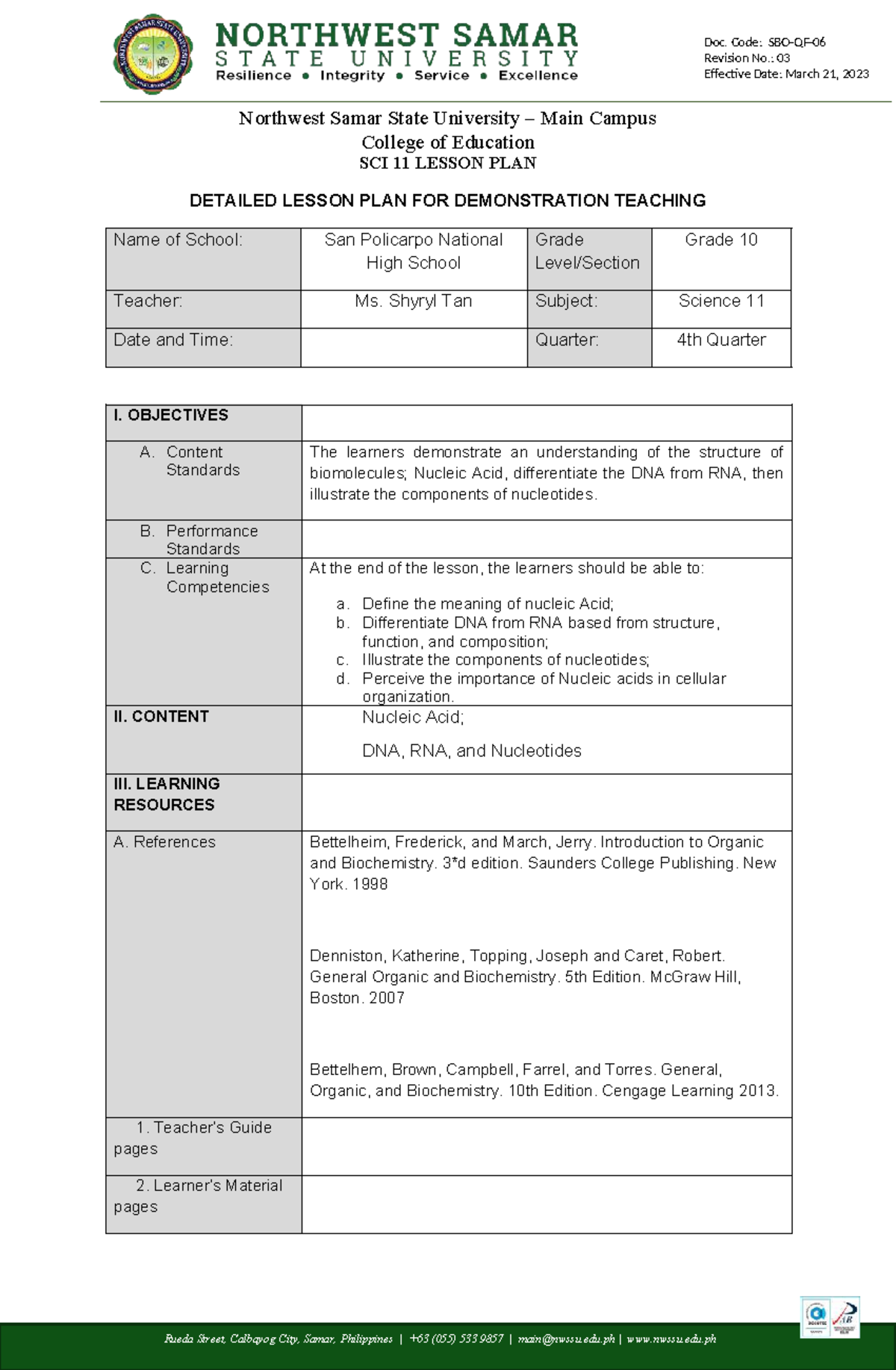SCI 11 Detailed Lesson Plan on Nucleic Acids for Grade 10 - Studocu