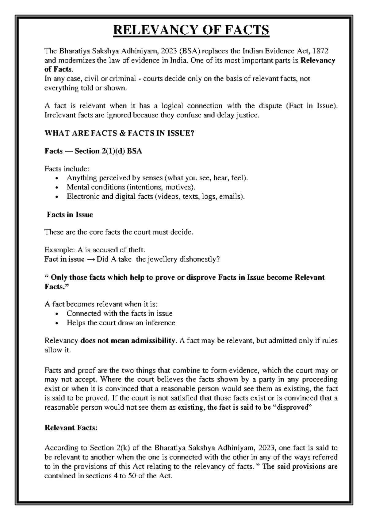 Relevancy of Facts: Understanding the Bharatiya Sakshya Adhiniyam, 2023 ...