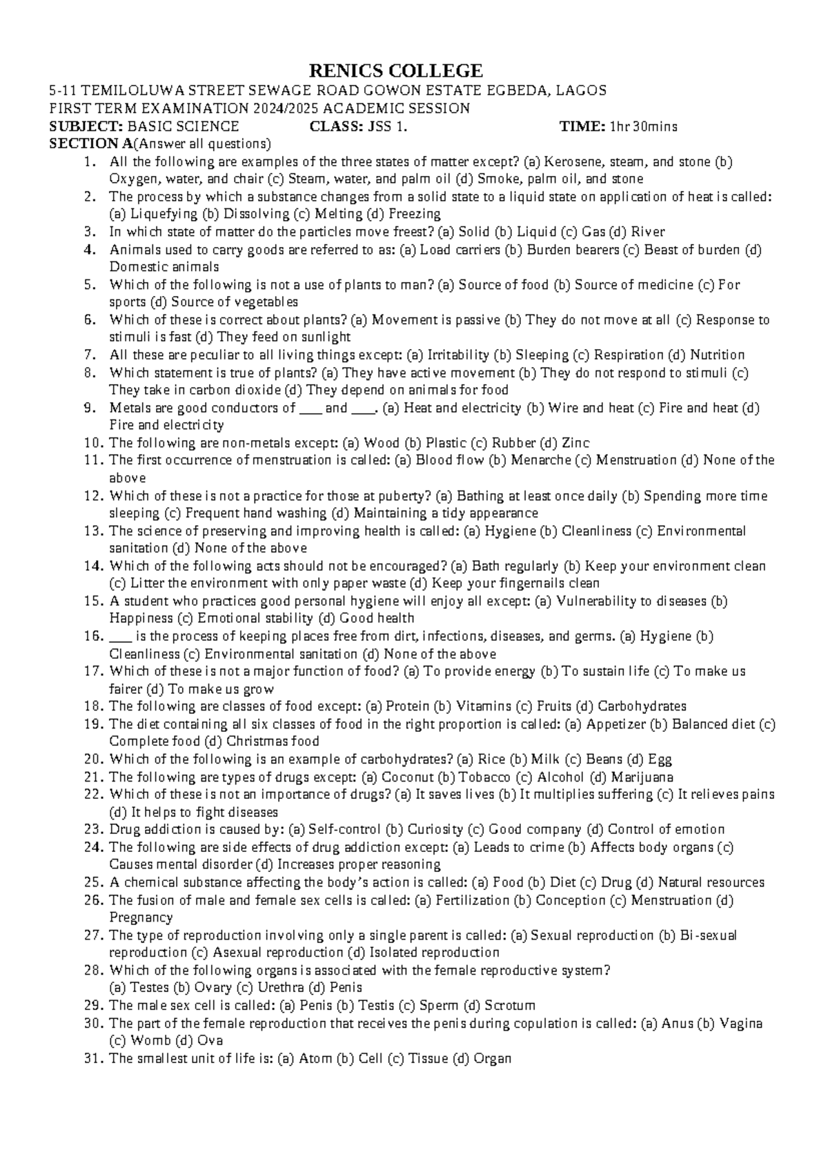 793495871-JSS1 First Term Basic Science Exam Questions - Studocu