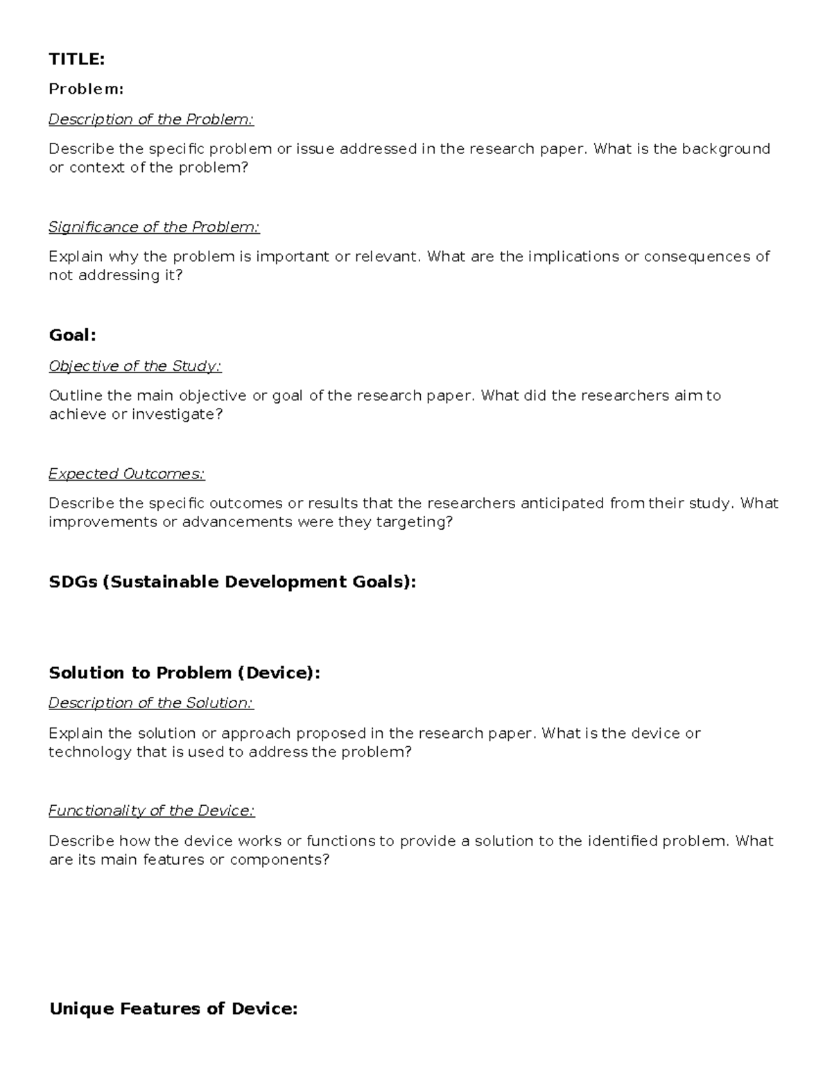 Research Summary - TITLE: Problem: Description of the Problem: Describe ...