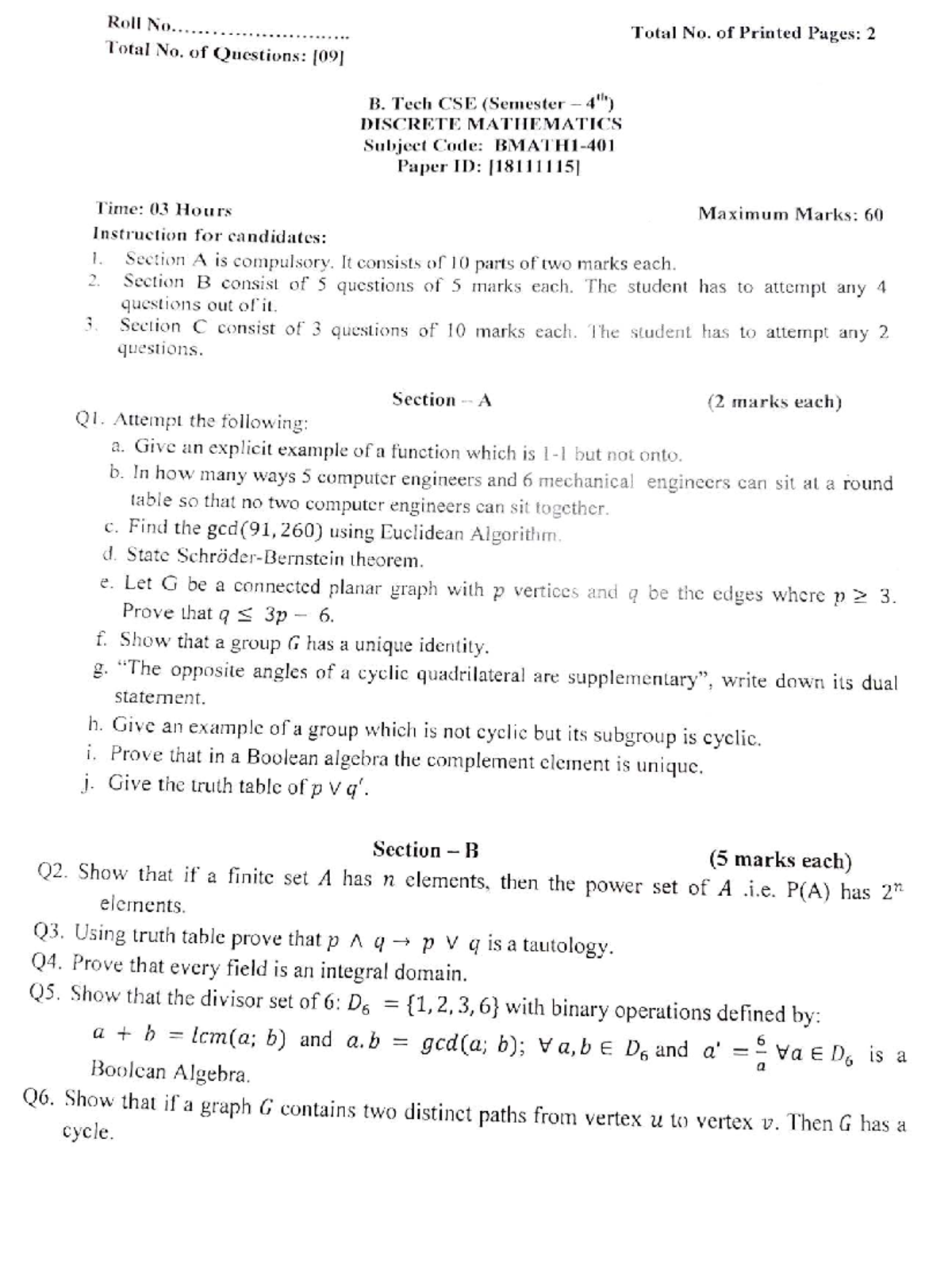 Bmath 1-401: Sample Paper for Discrete Mathematics Practice - Studocu