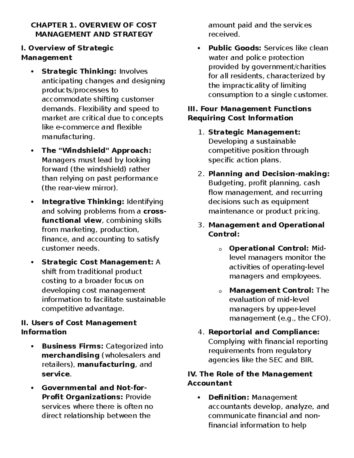 CHAPTER 1-4 REVIEWER: STRATEGIC COST MANAGEMENT OVERVIEW - Studocu