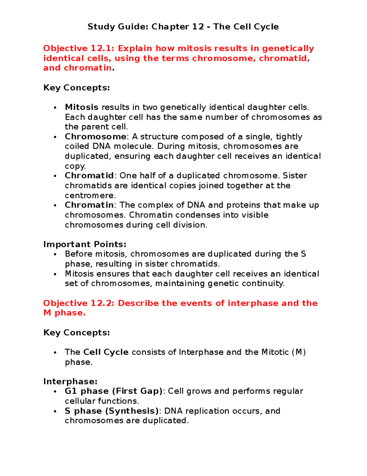 Study Guide: Chapter 12 - The Cell Cycle Overview and Key Concepts ...