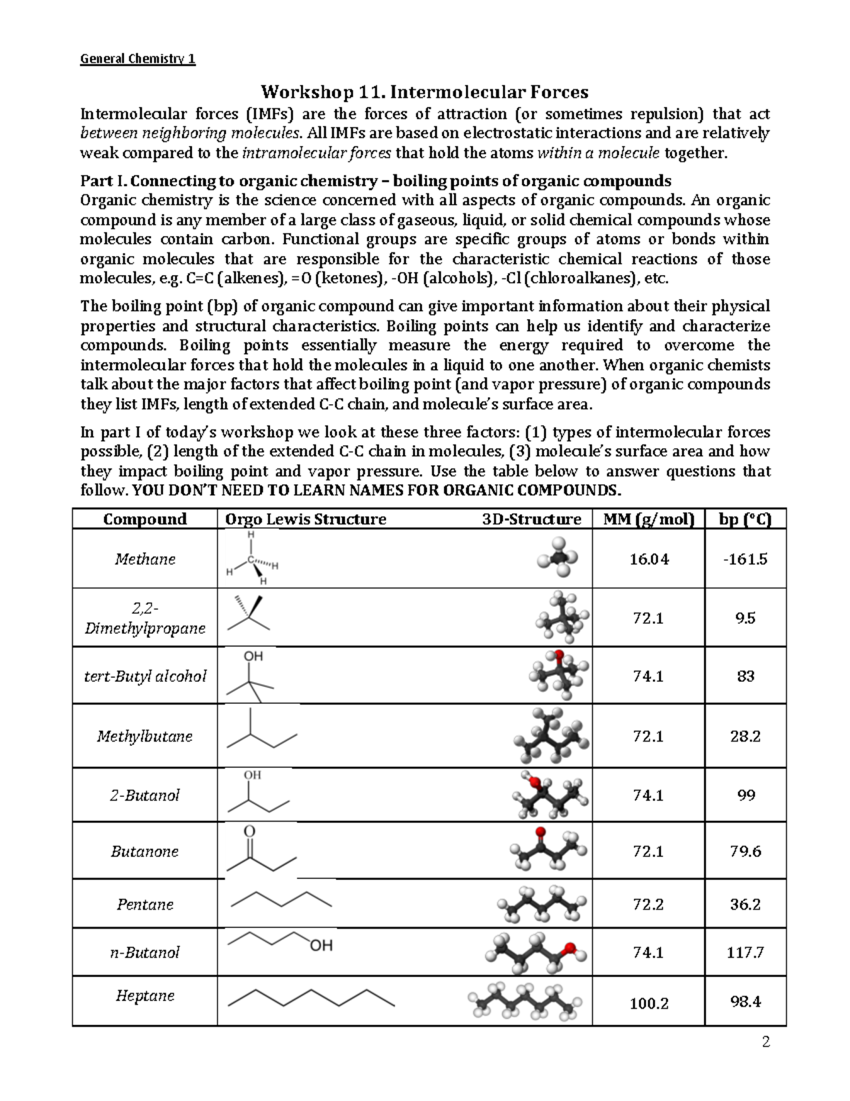 General Chemistry I Workshop 11: Intermolecular Forces Analysis - Studocu