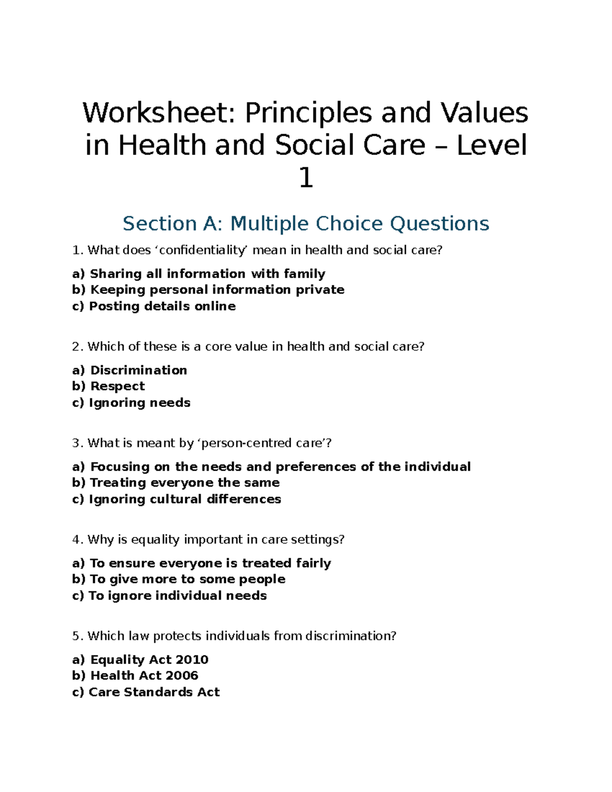 Worksheet: Principles & Values in Health and Social Care Level 1 - Studocu