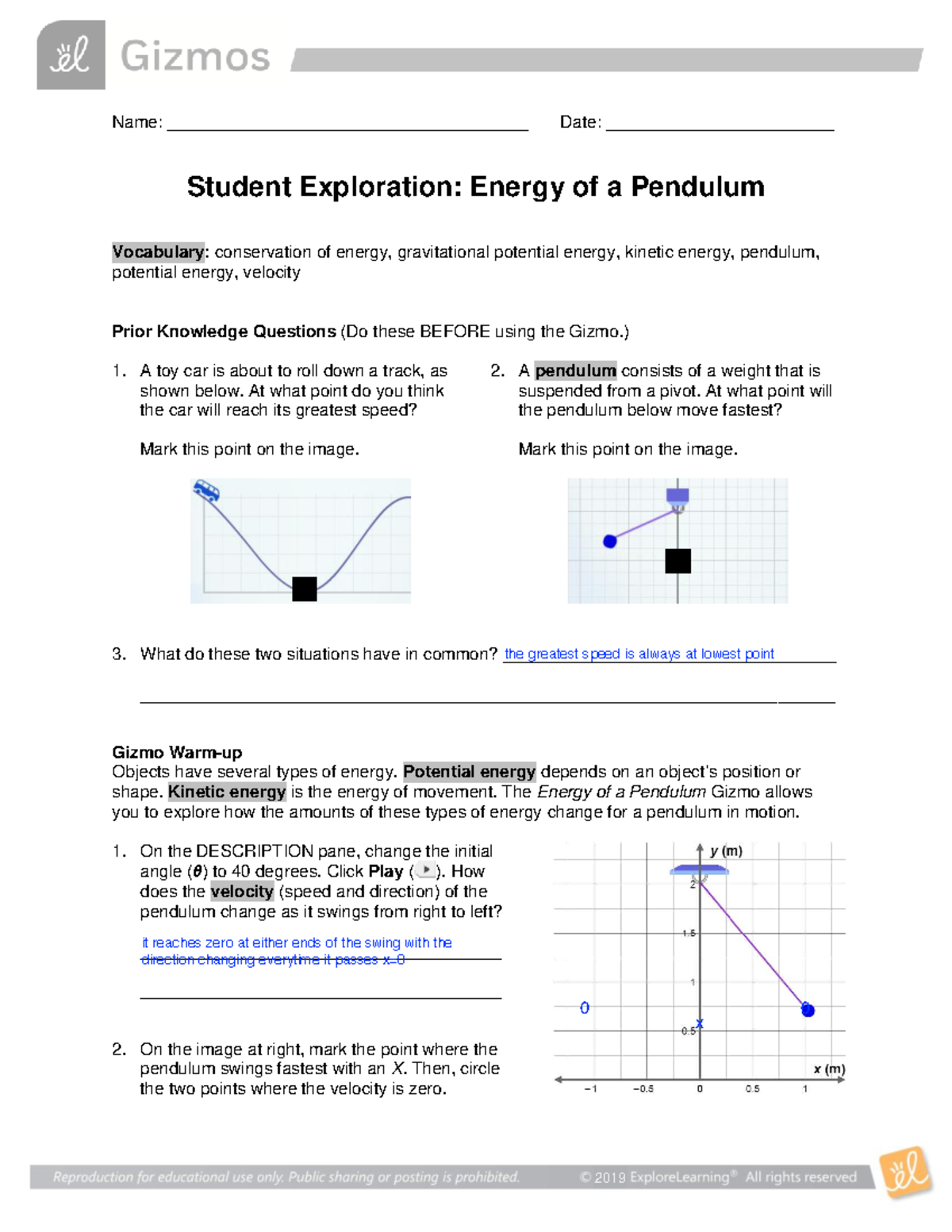 Energy of a Pendulum SE - Gizmos Exploration Guide - Studocu