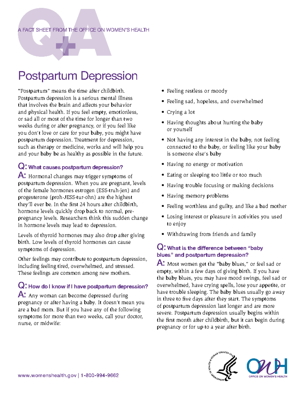 Fact sheet postpartum depression - womenshealth | womenshealth | 1-800 ...