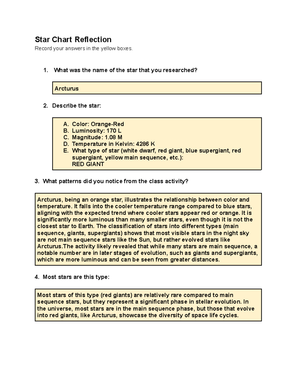 ASTR 101: Star Chart Reflection on Arcturus and Stellar Types - Studocu