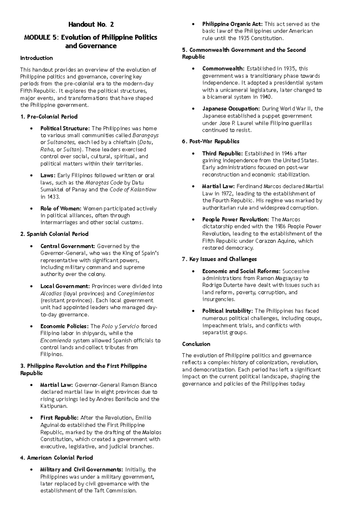 Philippine Politics and Government: Handout Modules 5-8 Overview - Studocu