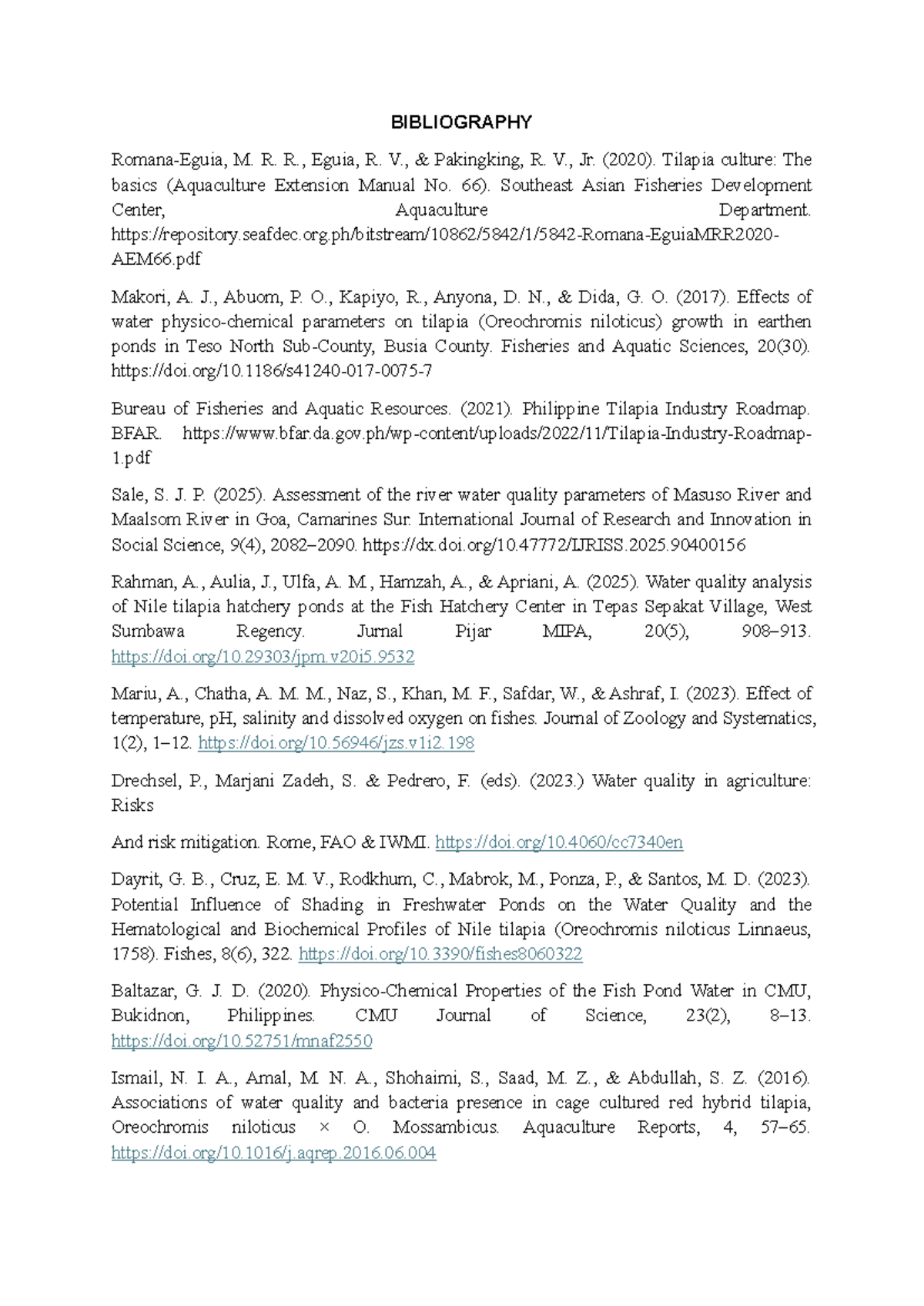 Bibliography and Documentation on Tilapia Culture and Water Quality ...