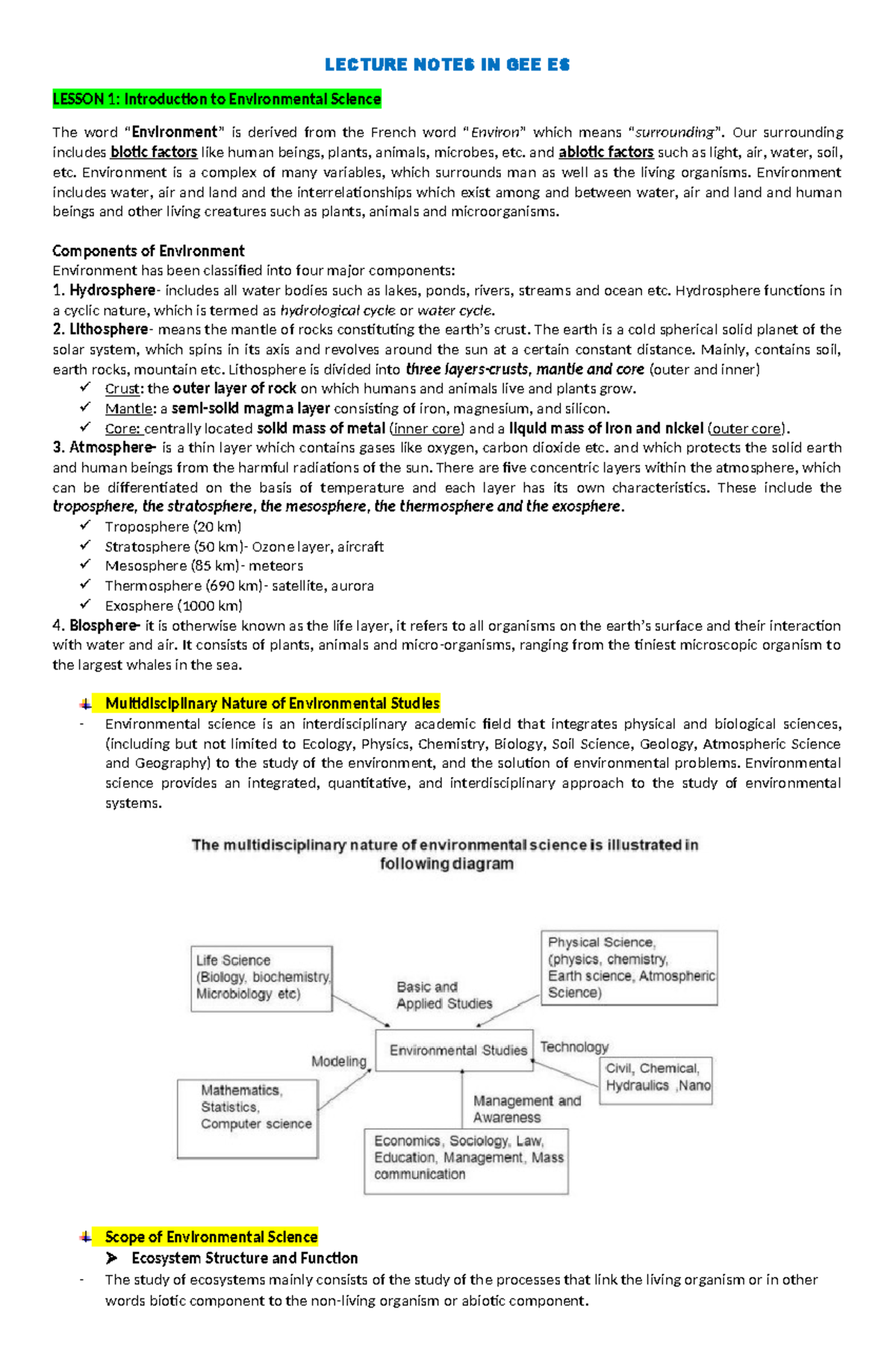 Lecture Notes on Environmental Science (GEE ES) - Studocu