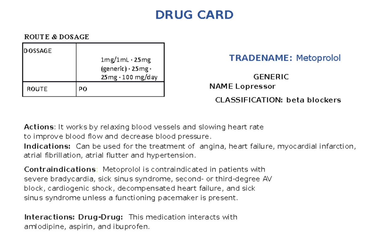 Metoprolol Drug Card - Dosage, Actions, and Nursing Considerations ...