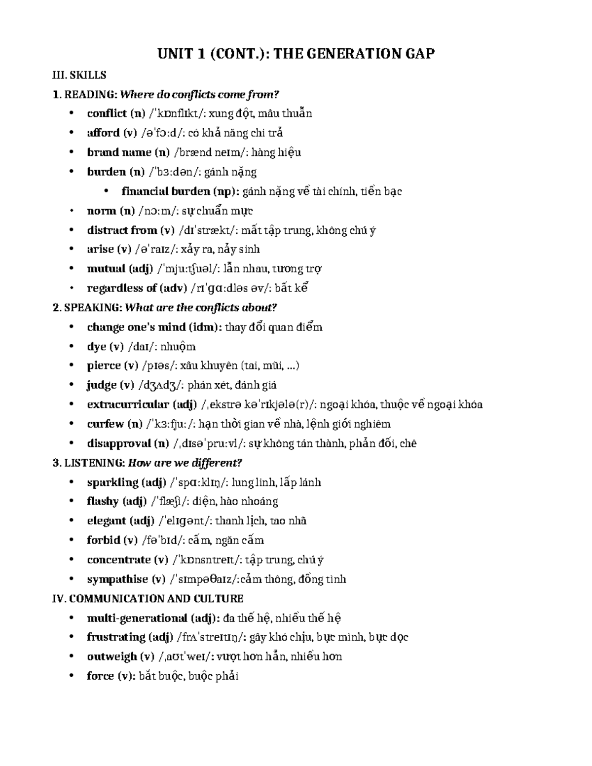 UNIT 1 (CONT.): UNDERSTANDING THE GENERATION GAP - SKILLS 1 - Studocu