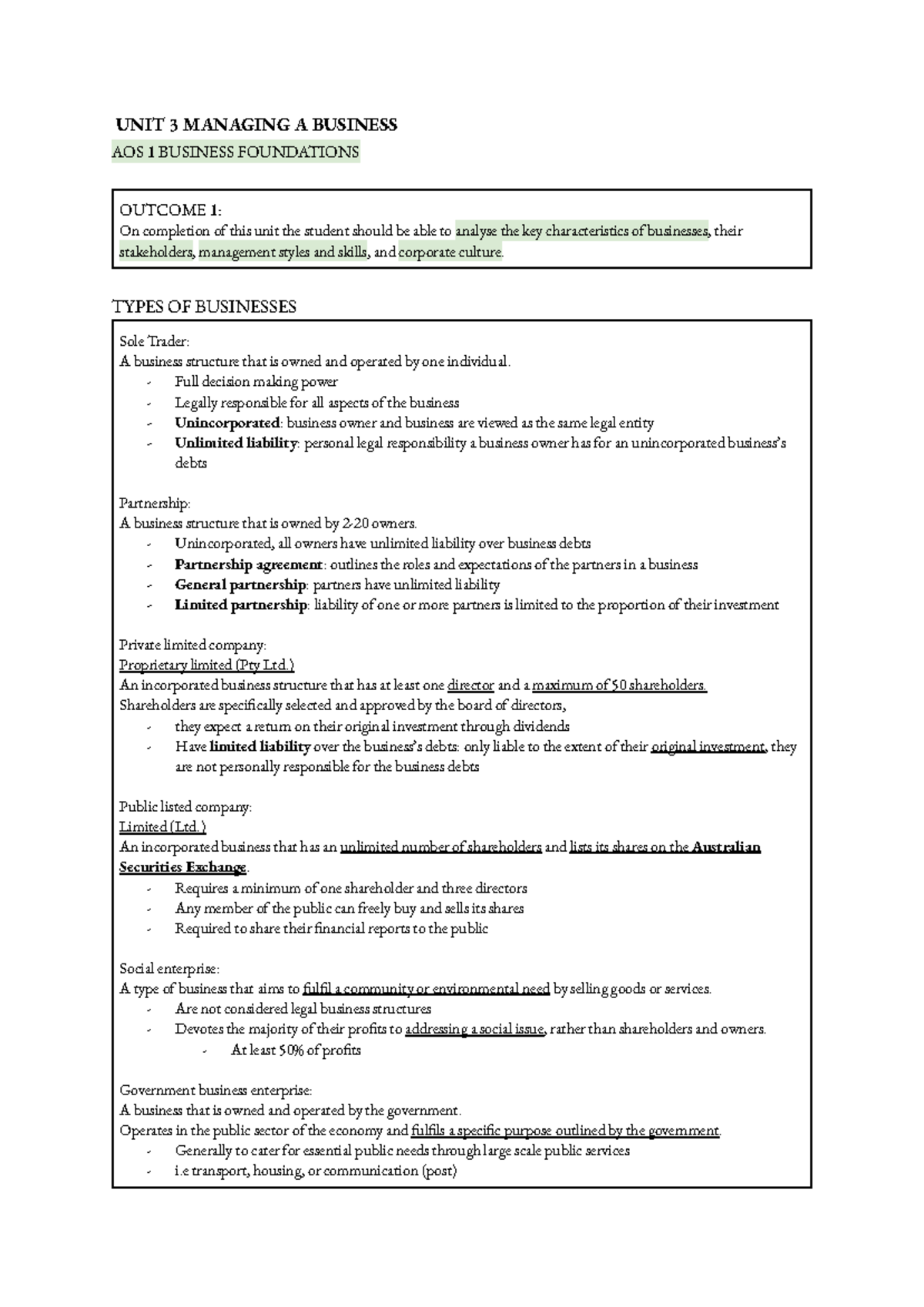 Managing a Business: AOS 1 Notes for Unit 3 Business Foundations - Studocu