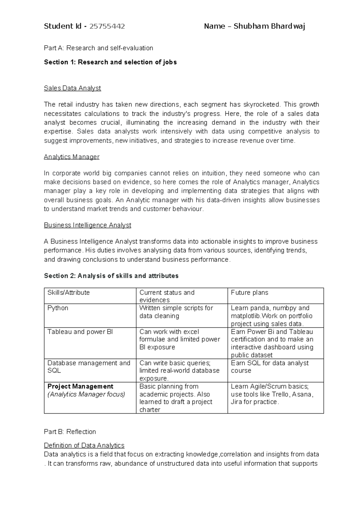 Fda A1 25755442 - Assignment on Data Analytics Roles and Skills - Studocu